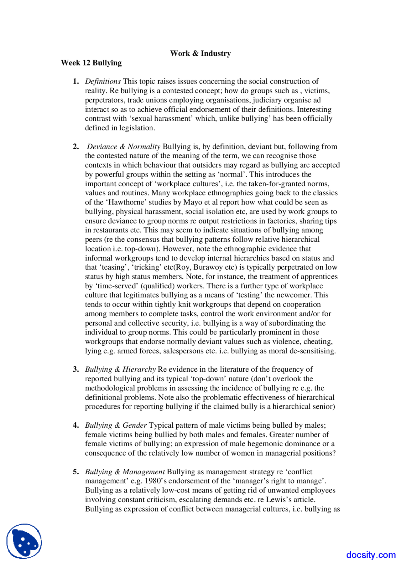 Bullying Work And Industry Lecture Notes Docsity