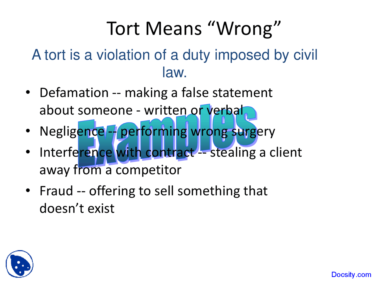 Tort - Civil Law - Lecture Slides | Slides Civil Law - Docsity