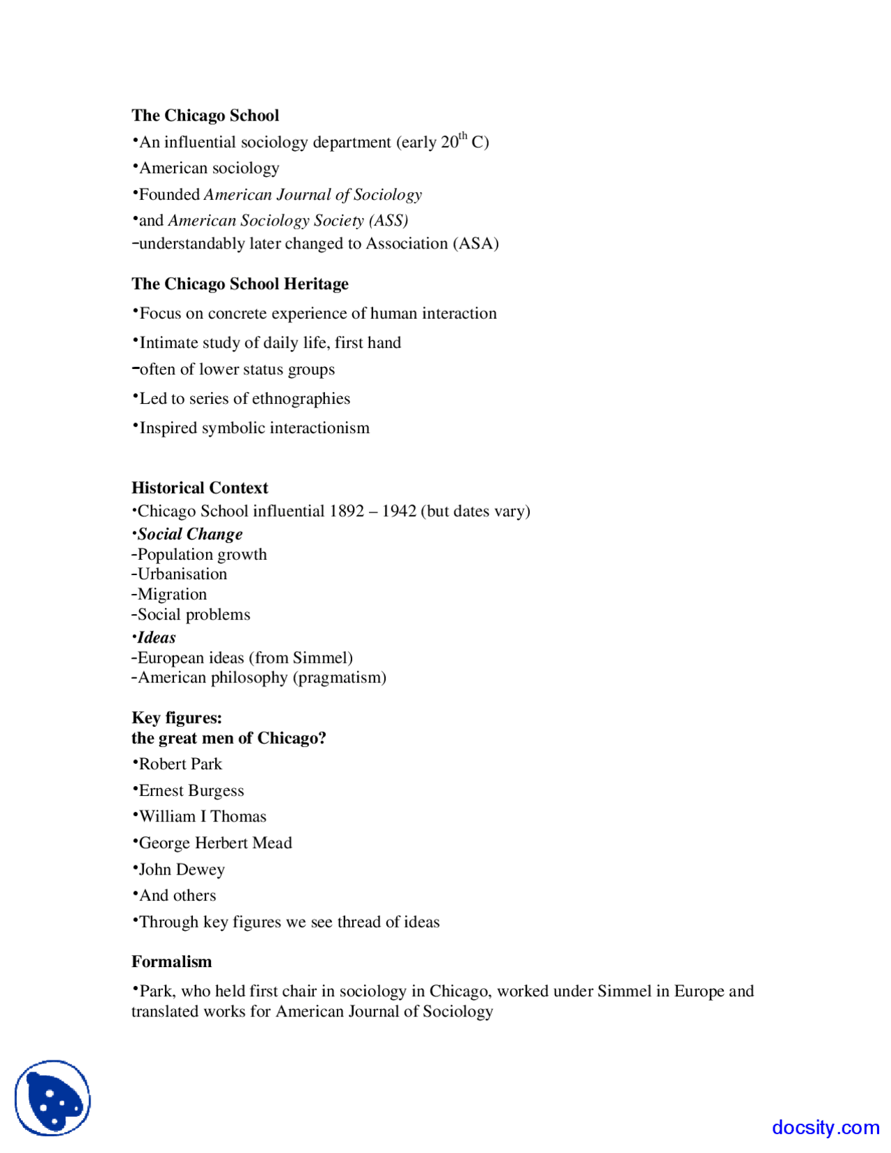 Chicago School Thinking Sociology Lecture Notes Docsity