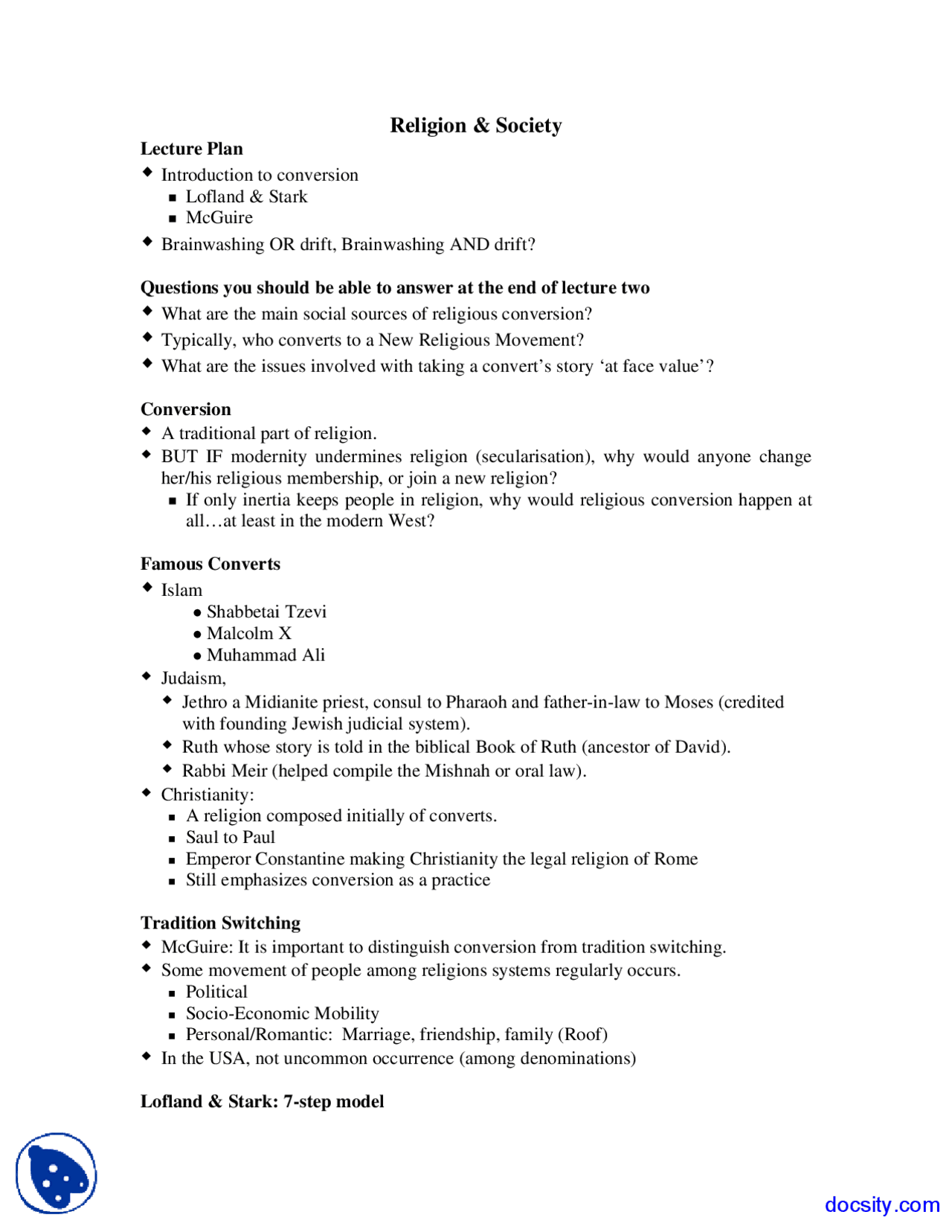 Brainwashing, Conversion - Religion and Society - Lecture Notes - Docsity