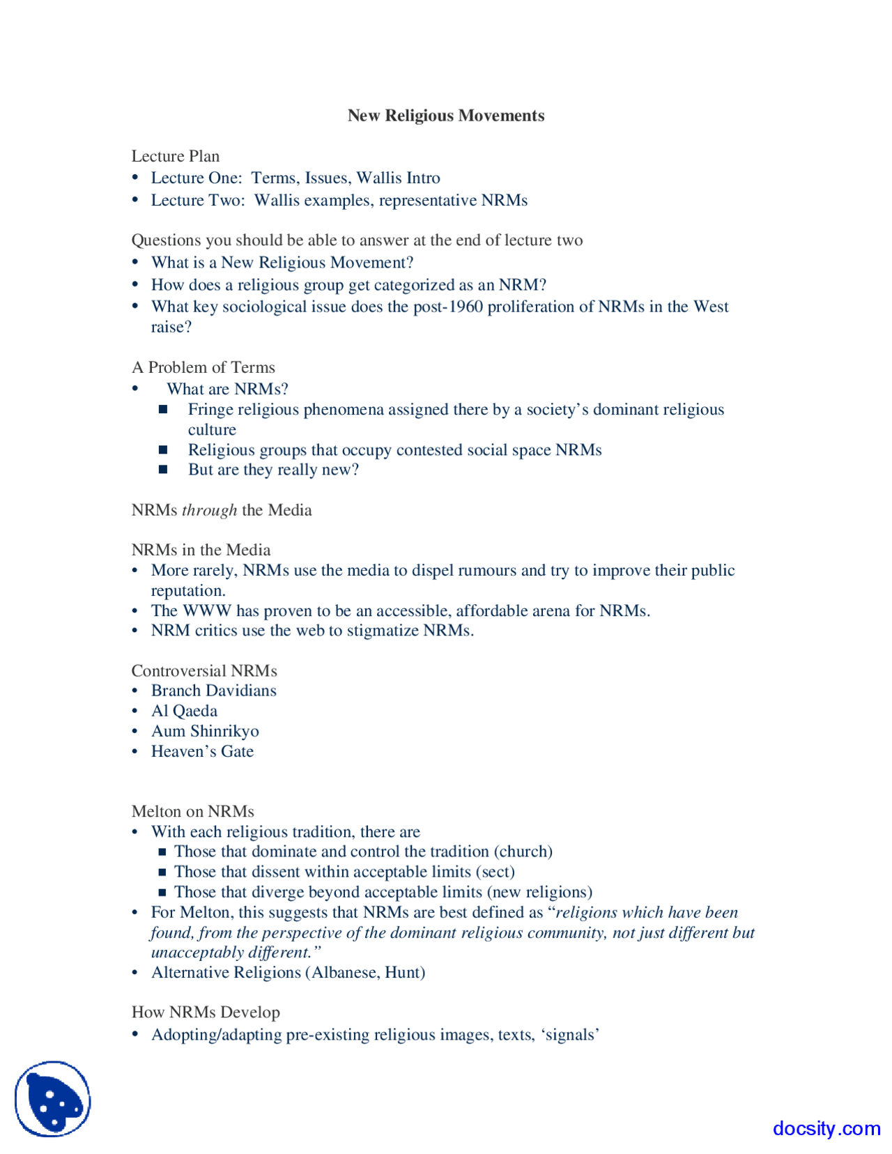 New Religious Movements - Religion and Society - Lecture Notes | Study ...