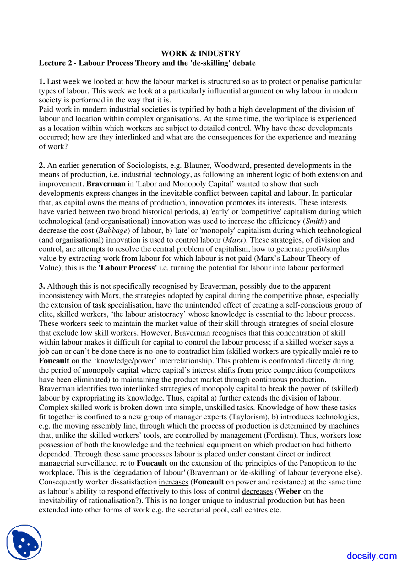 Labour Process Theory - Work and Industry - Lecture Notes - Docsity