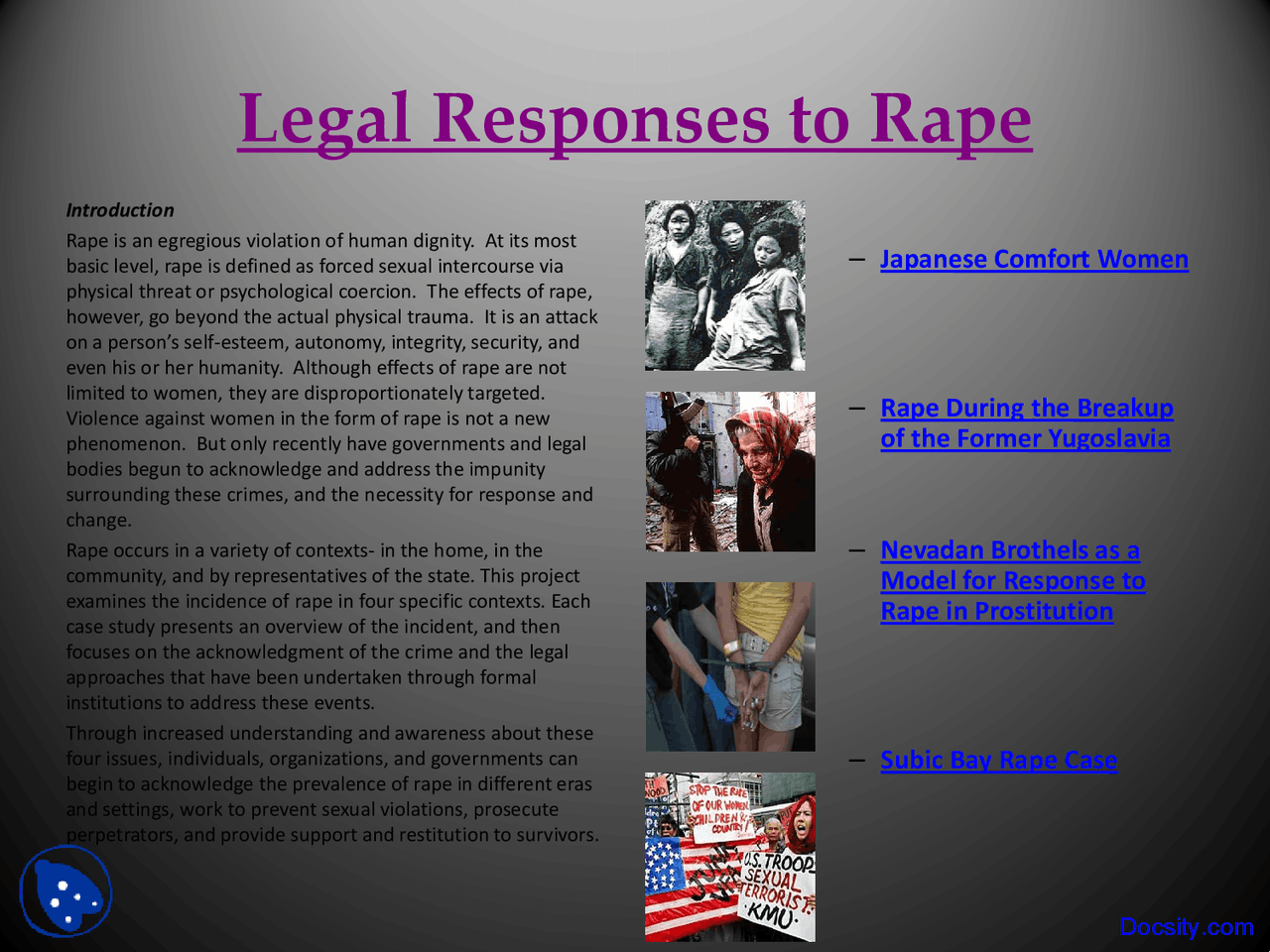 Legal Responses to Rape - Criminal Law - Lecture Slides - Docsity