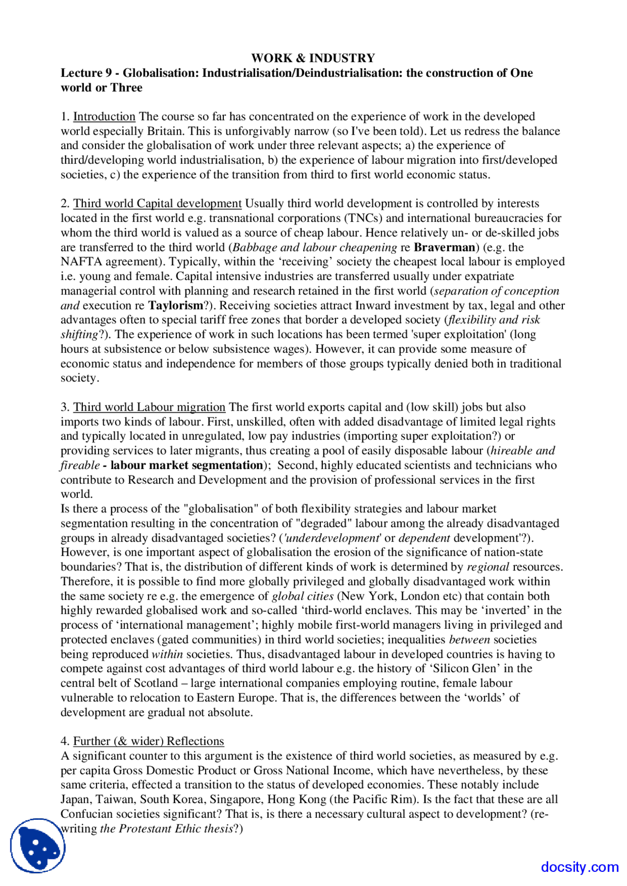 Globalisation Work And Industry Lecture Notes Docsity