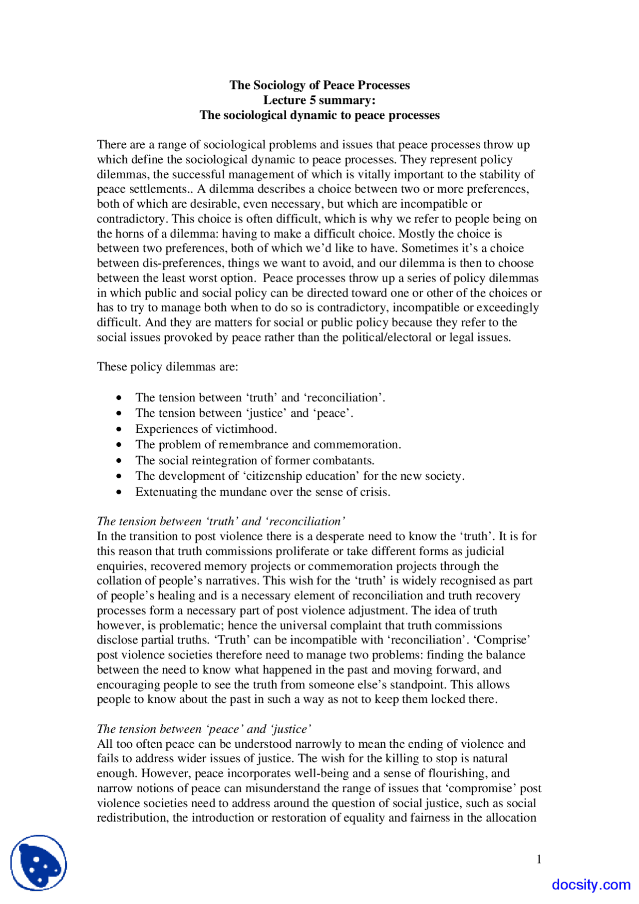 Sociological Dynamic Sociology Of Peace Processes Lecture Notes