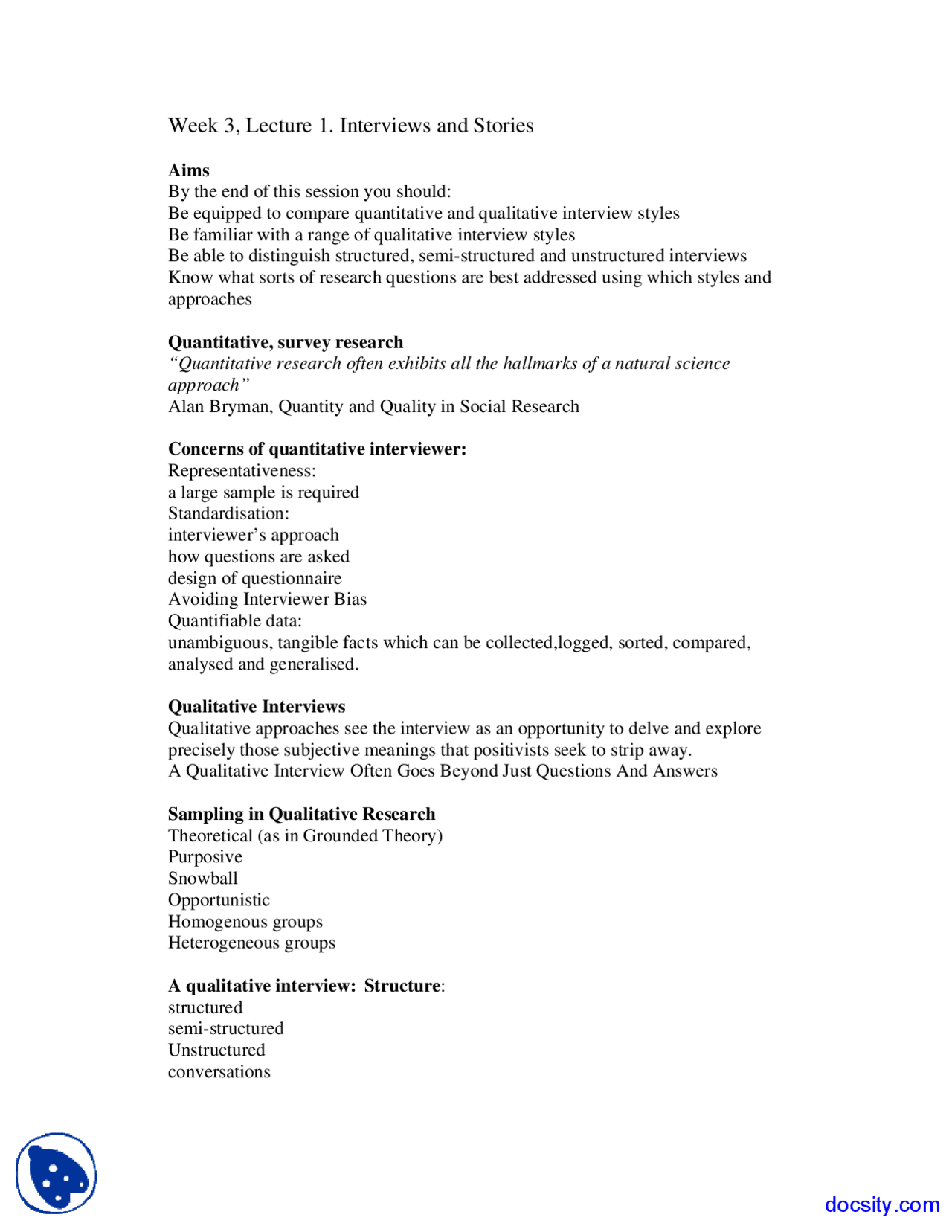 Interviews And Stories Social Research Method Lecture Notes Docsity