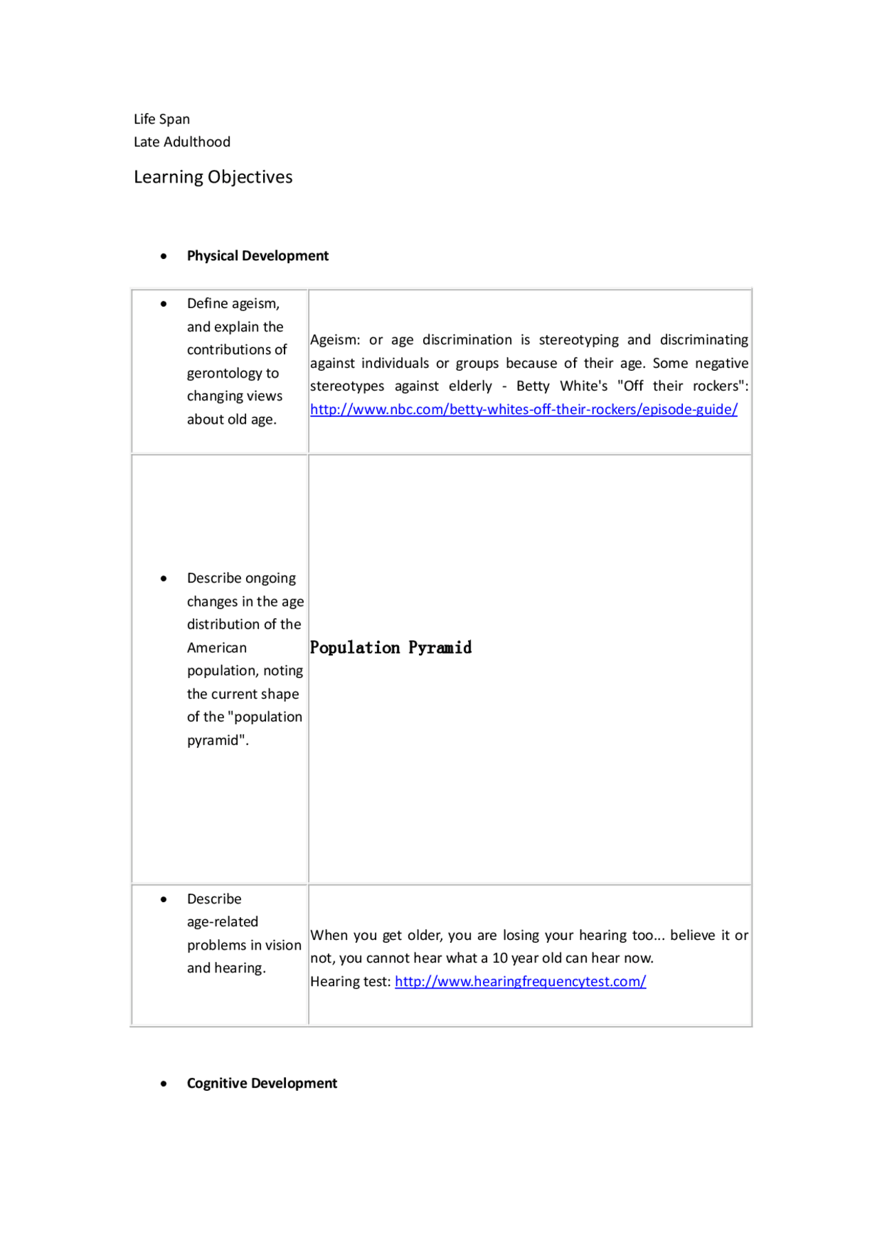 P514-LIFE SPAN- Life Span-late adulthood-learning objectives - Docsity