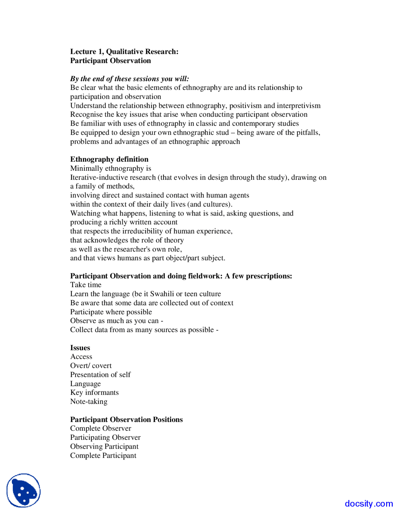 Participant Observation Social Research Method Lecture Notes Docsity