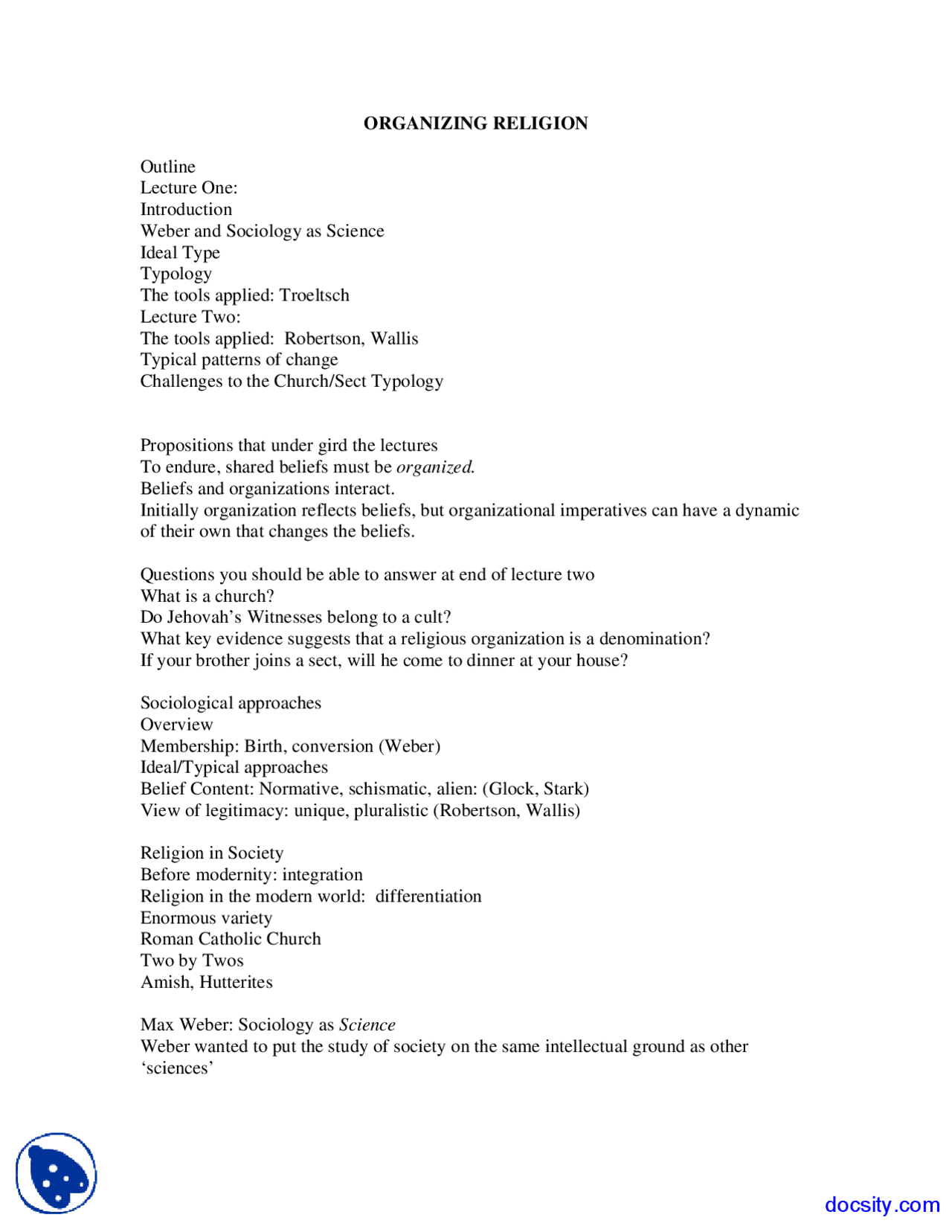 Organizing Religion Religion And Society Lecture Notes Docsity