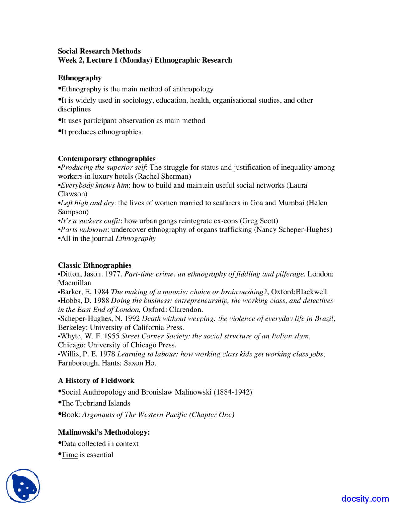 Ethnographic Research Social Research Method Lecture Notes Docsity