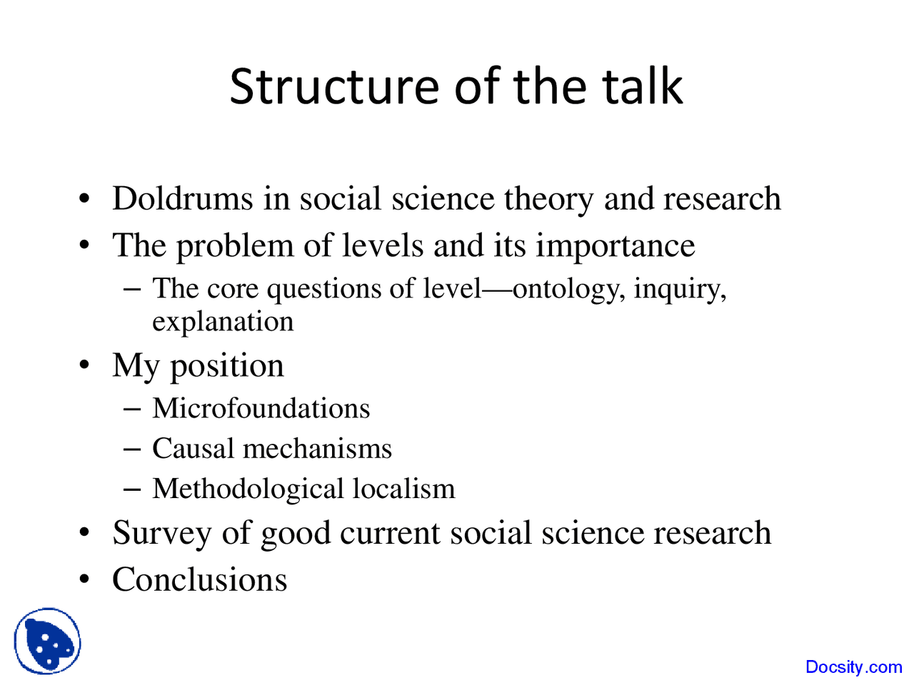 Structure of the Talk - Political Science - Lecture Slides - Docsity