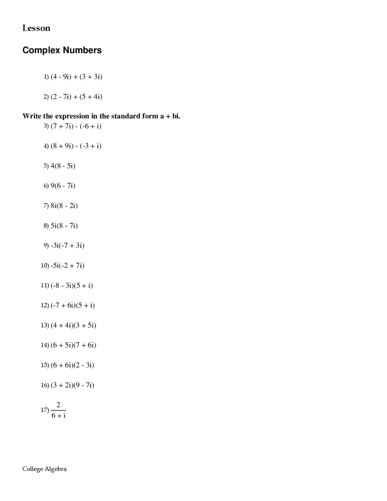 Complex Numbers Algebra Lecture Notes Docsity