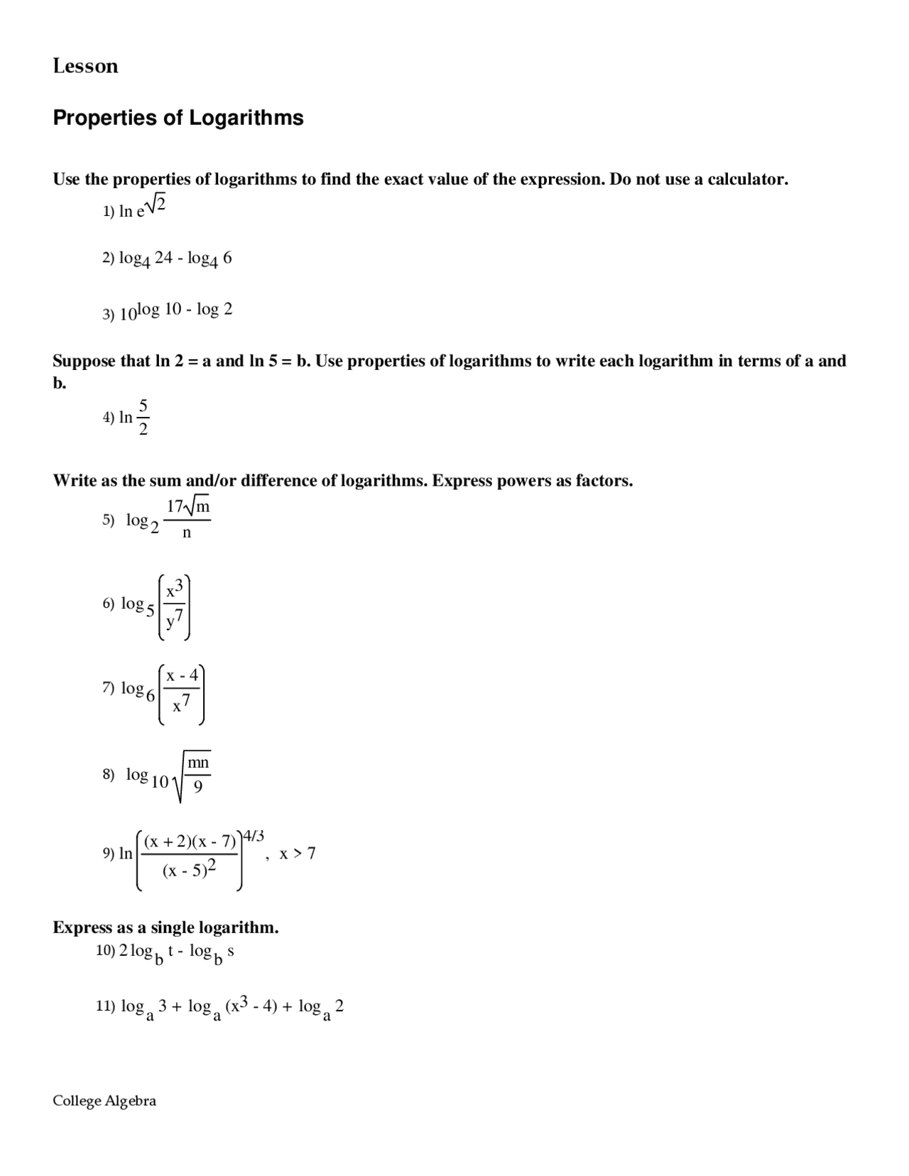 Properties of Logs - Algebra - Lecture Notes - Docsity