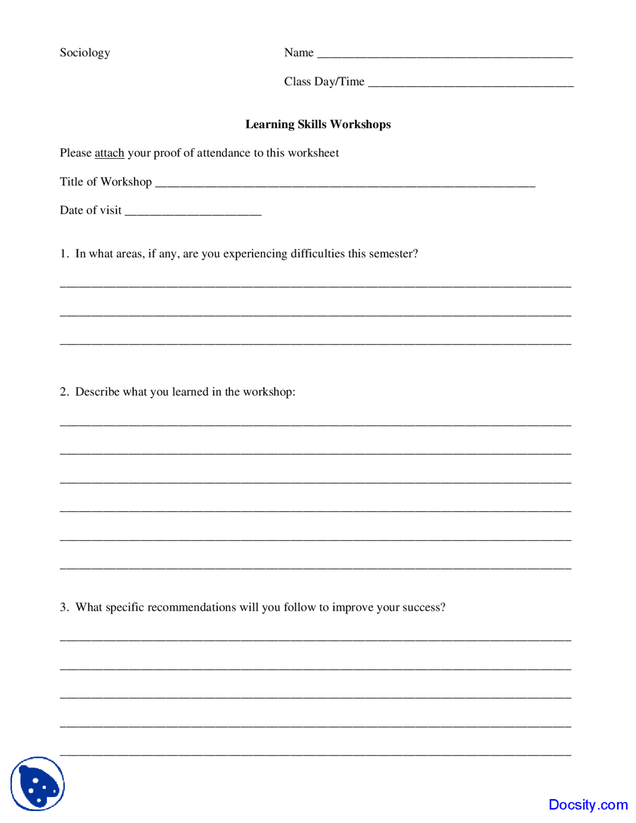 Learning Skills Workshops Introductory Sociology Exercise Docsity