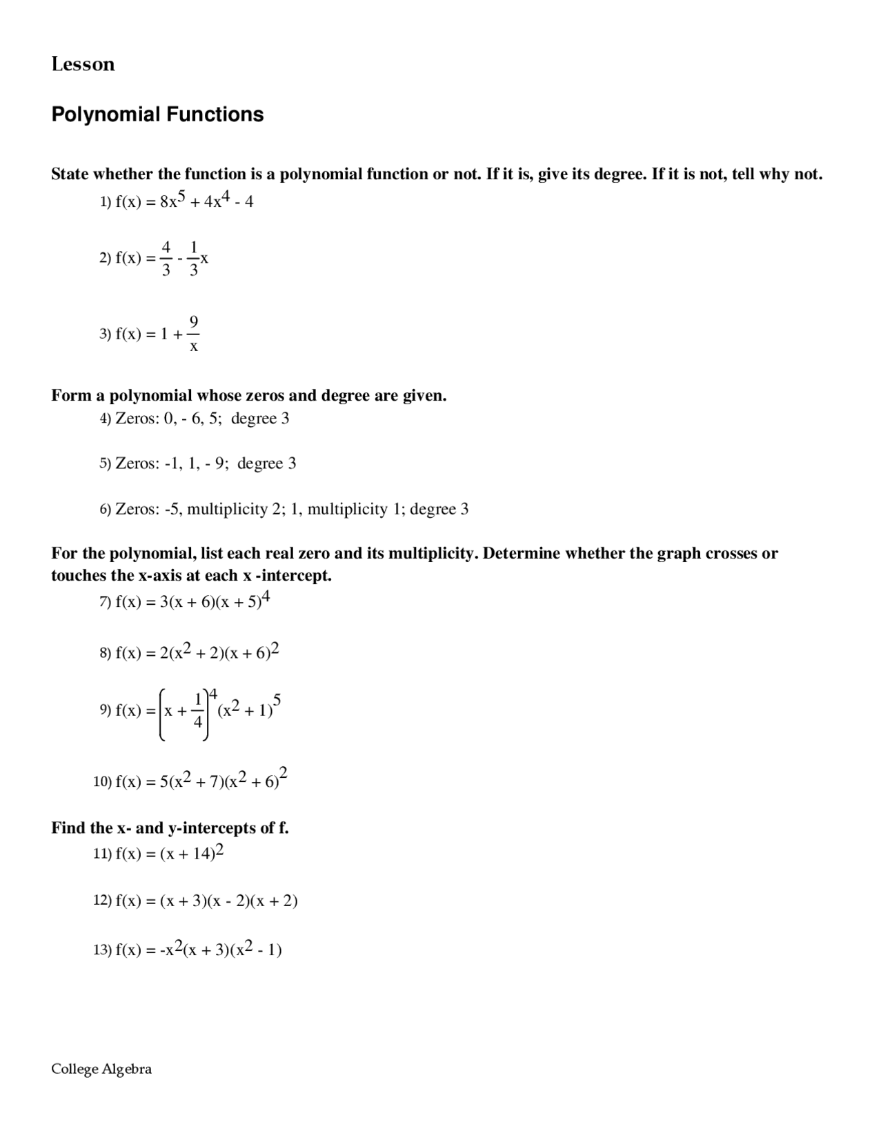 Polynomial Function Algebra Lecture Notes Docsity