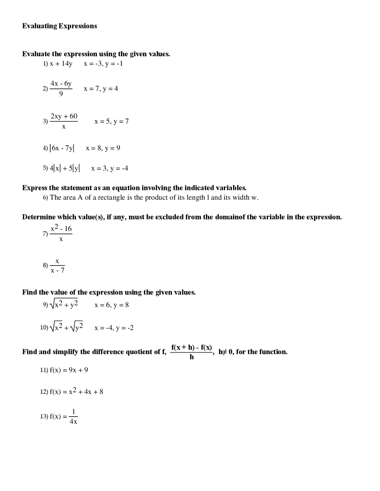 Evaluating Expression - Algebra - Lecture Notes - Docsity