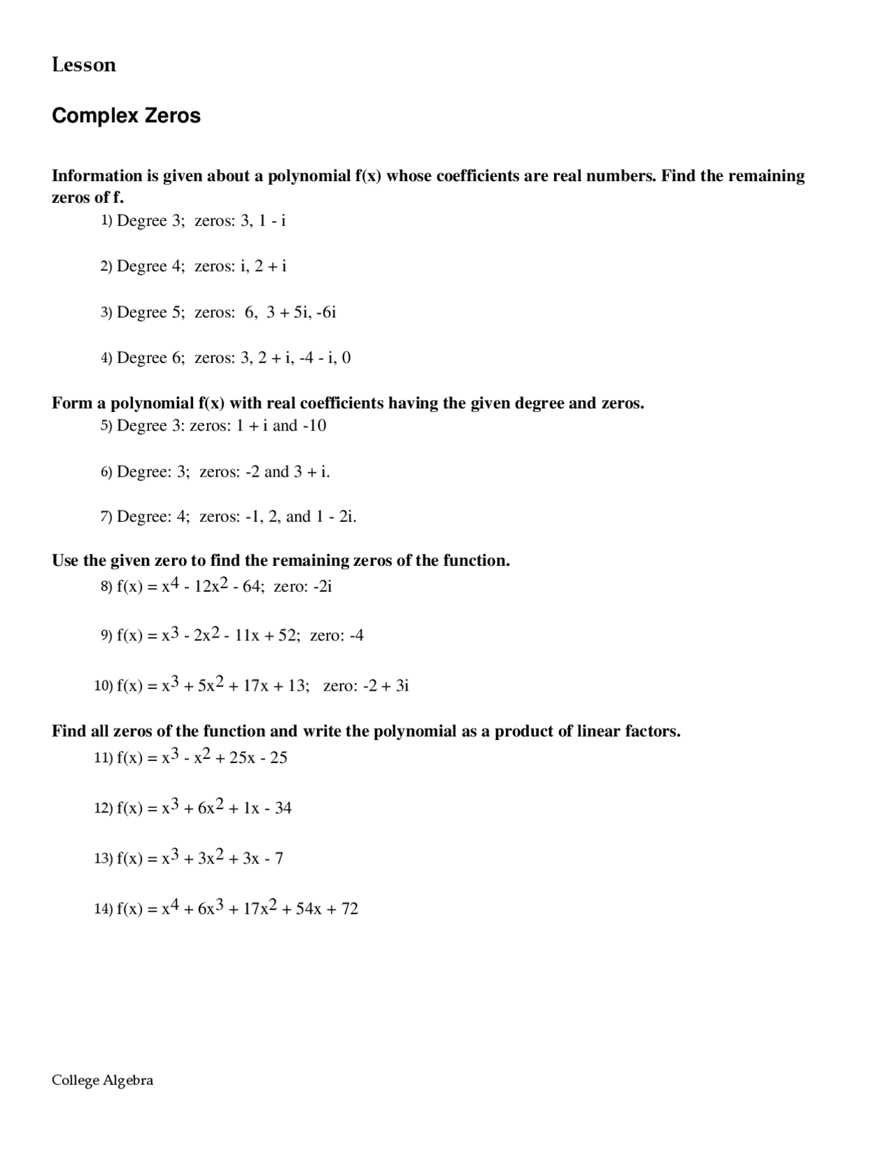 Complex Zeros Algebra Lecture Notes Docsity