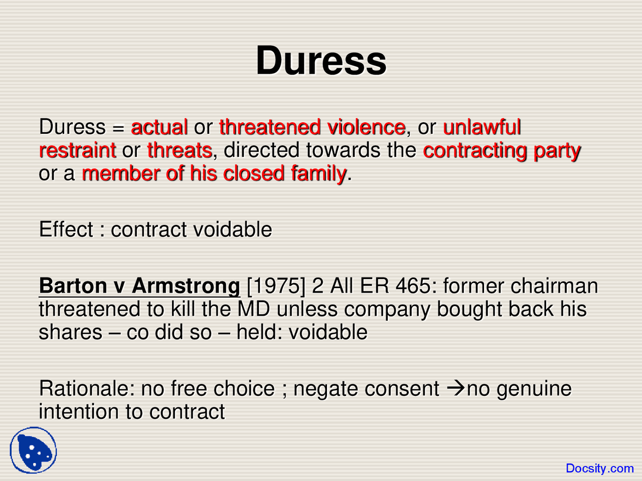 Economic Duress - Law of Contract - Lecture Slides - Docsity