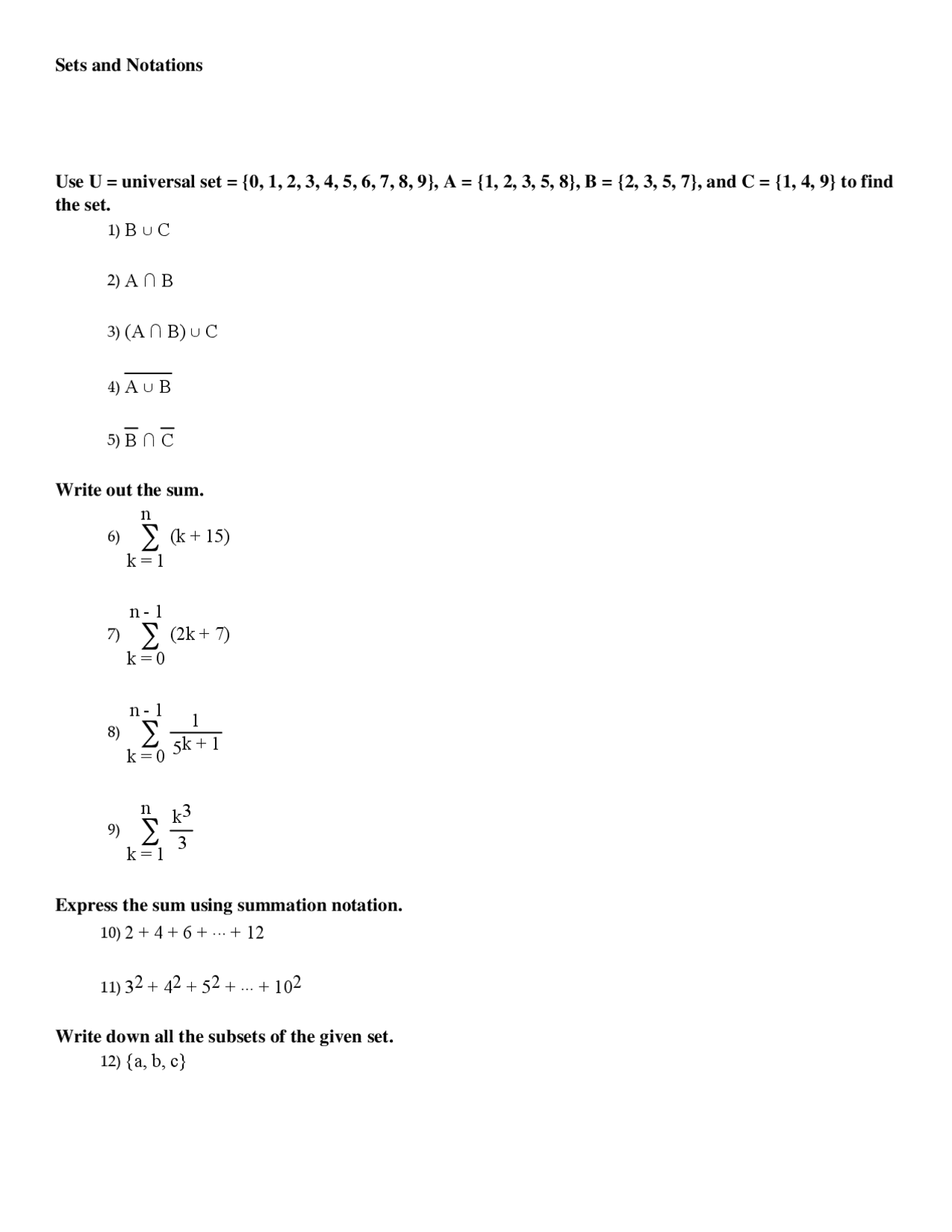 Sets And Notations Algebra Lecture Notes Docsity
