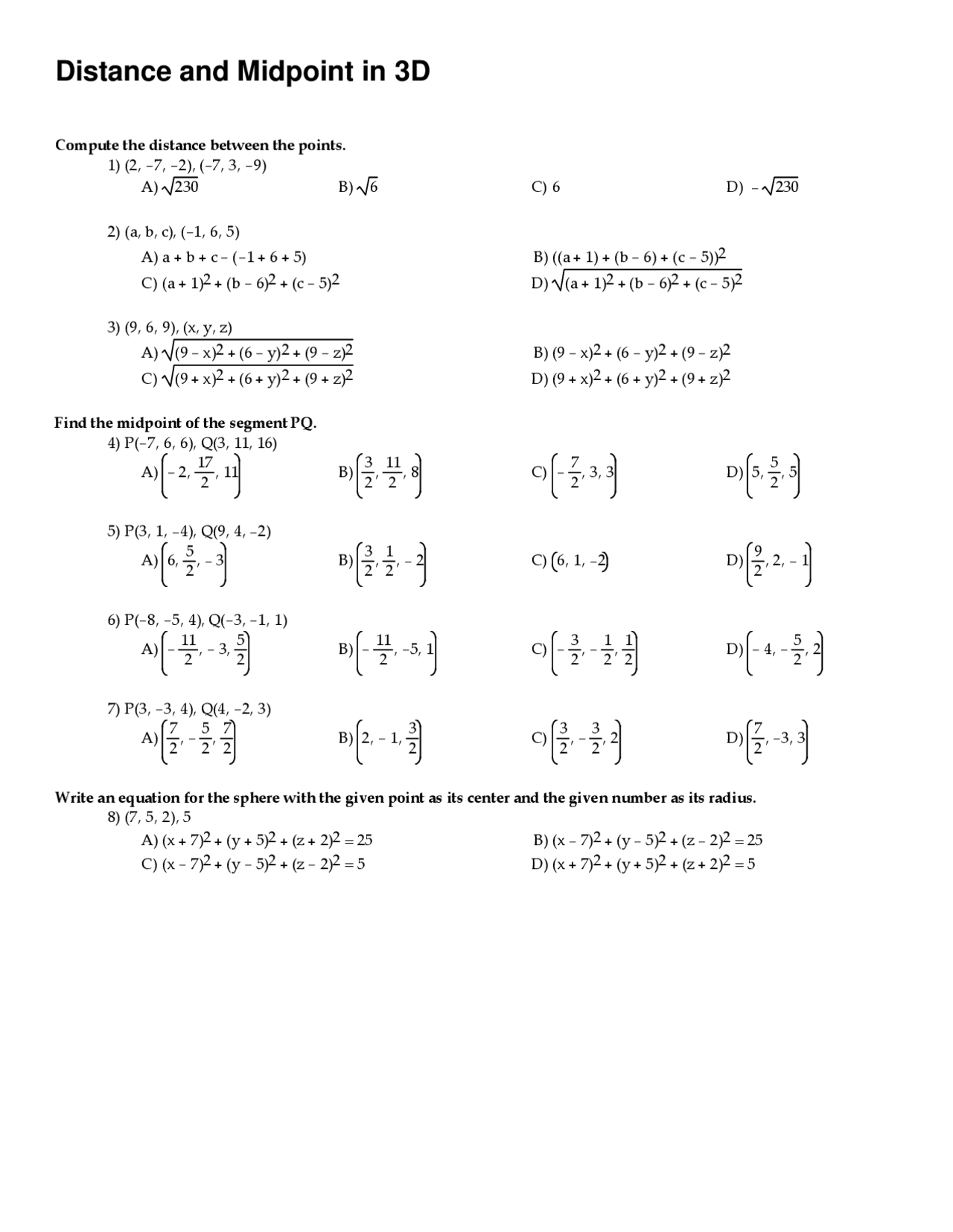 Distance and Midpoints - Calculus - Exercise - Docsity