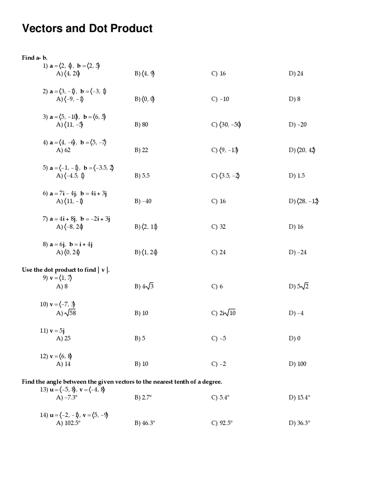 Dot Product - Calculus - Exercise - Docsity