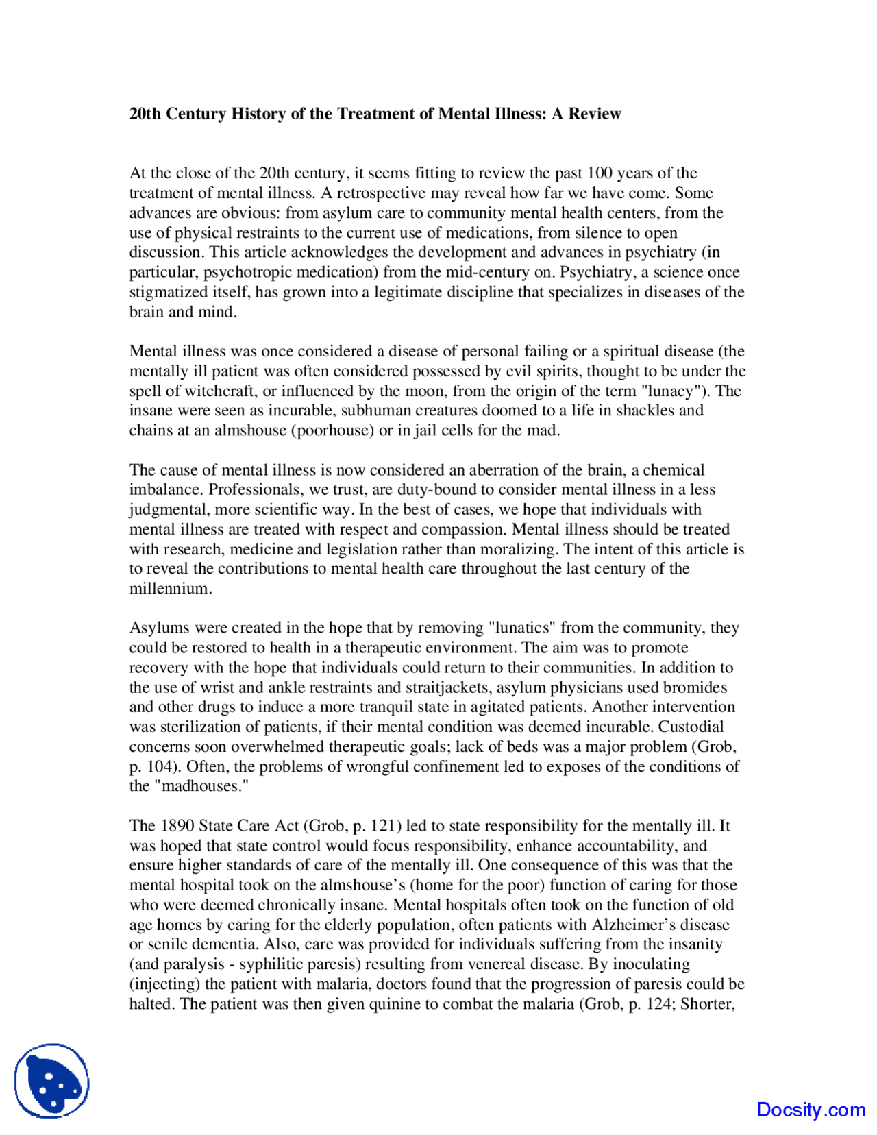 History of the Treatment of Mental Illness - Chronic Mental Illness ...