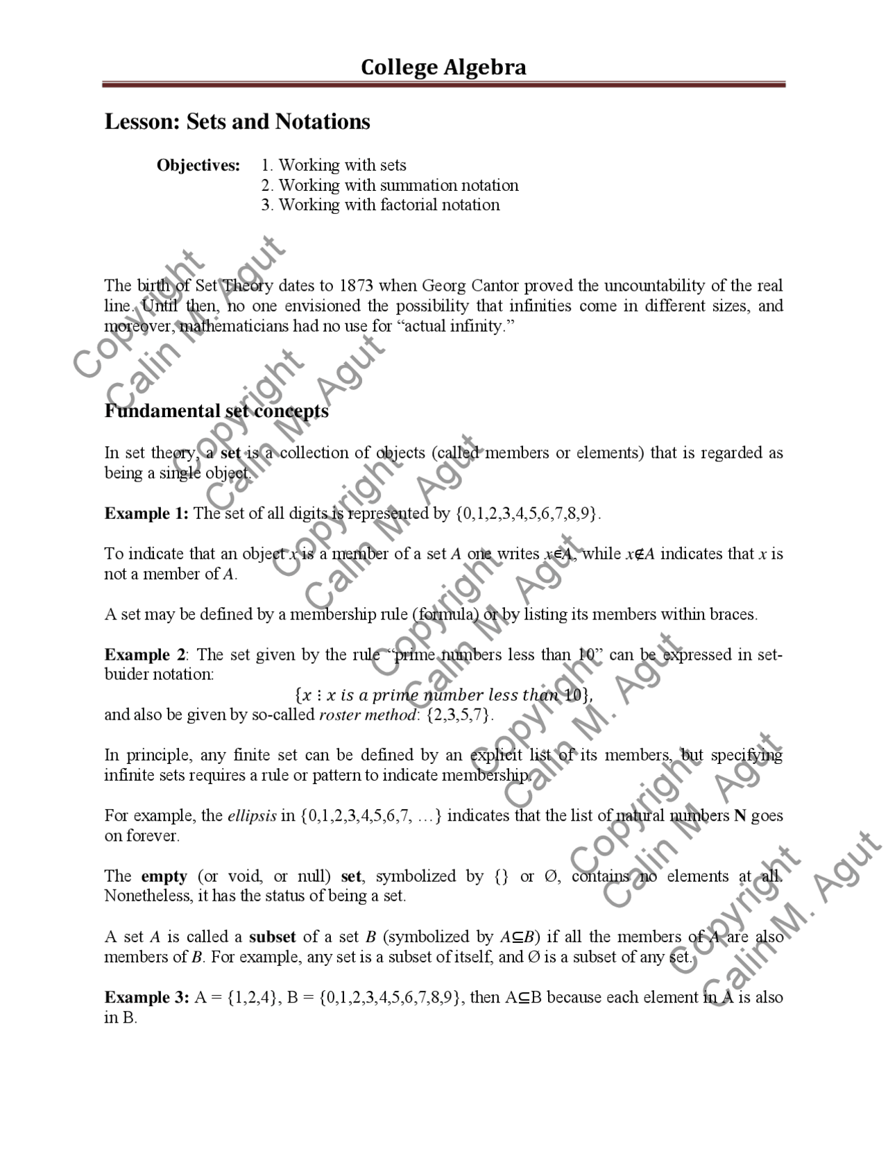 Sets And Notations Algebra Lecture Handout Docsity