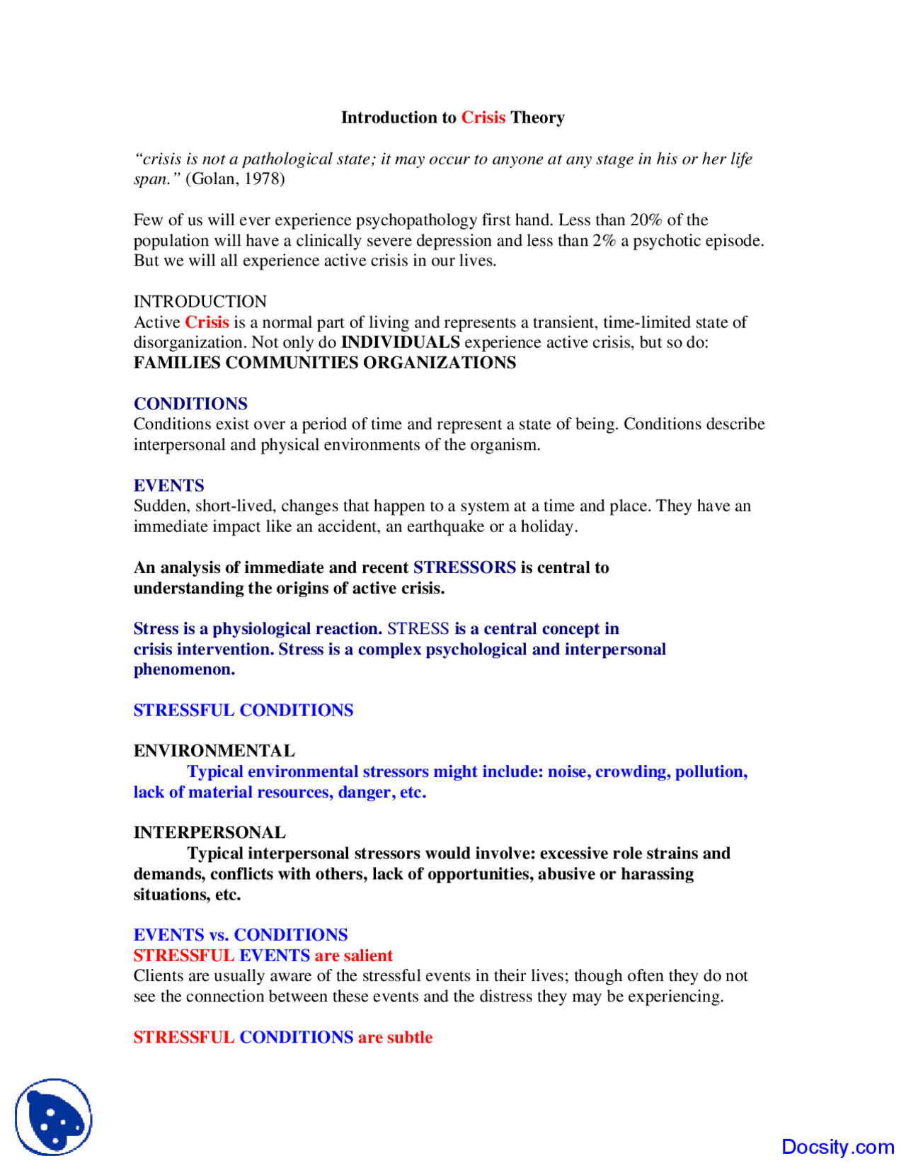 Introduction to Crisis Theory - Case management - Lecture Notes - Docsity