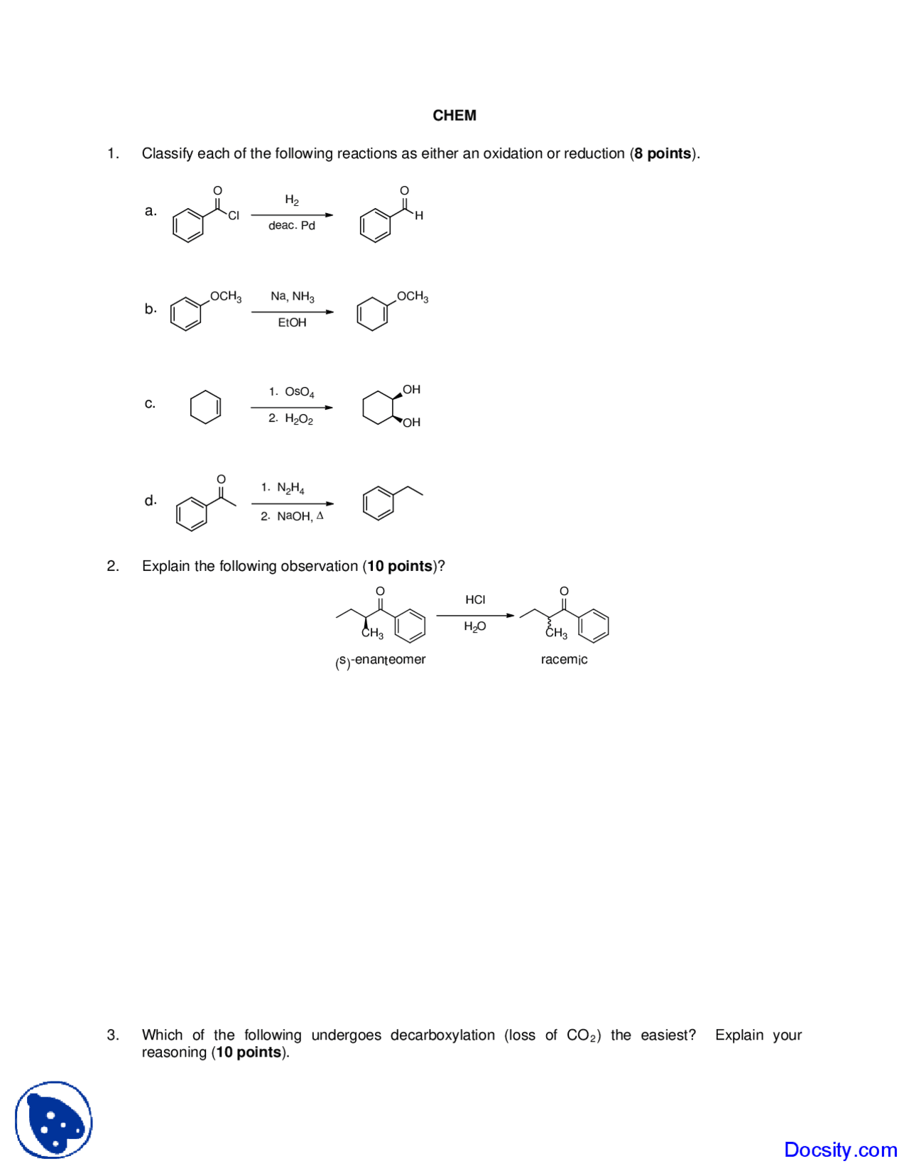 Oxidation or Reduction - Introduction to Organic Chemistry - Quiz - Docsity