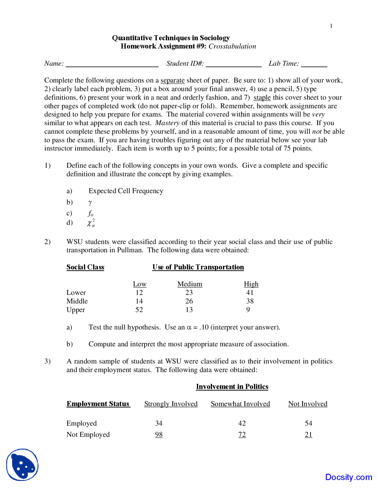 Cross Tabulation Quantitative Techniques Assignment Docsity
