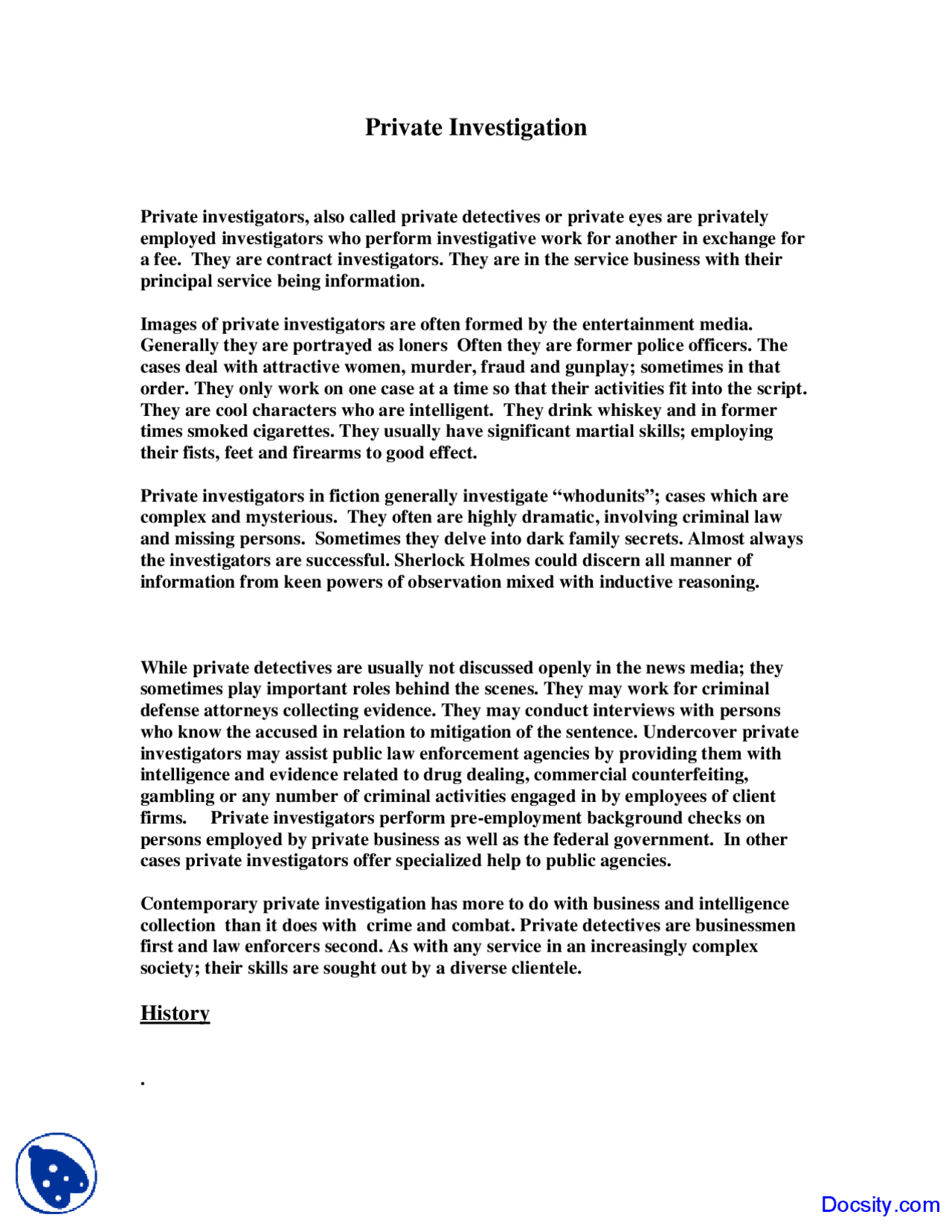 Private Investigation - Criminal Investigation - Lecture Notes - Docsity