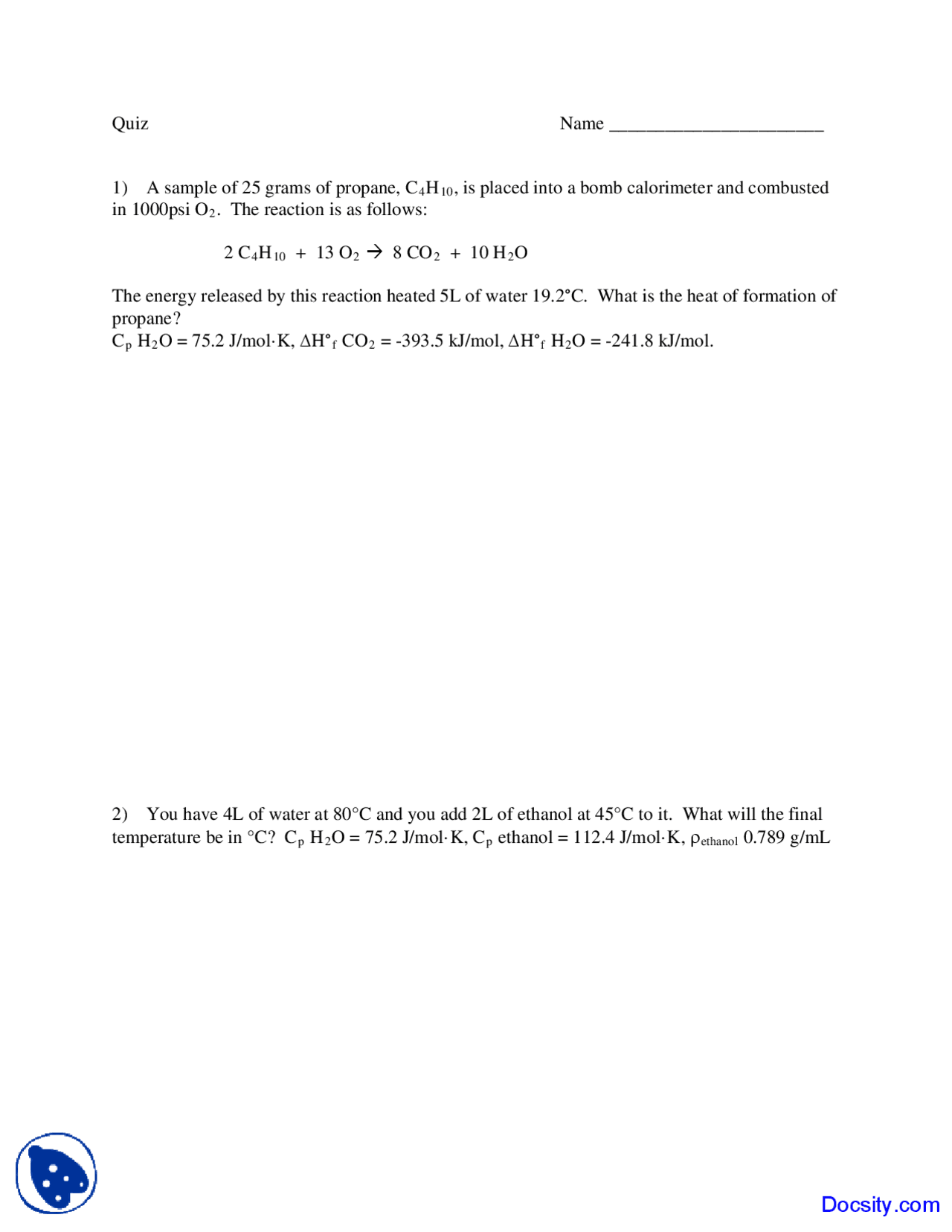 Formation of Propane - Introductory Chemistry - Quiz - Docsity
