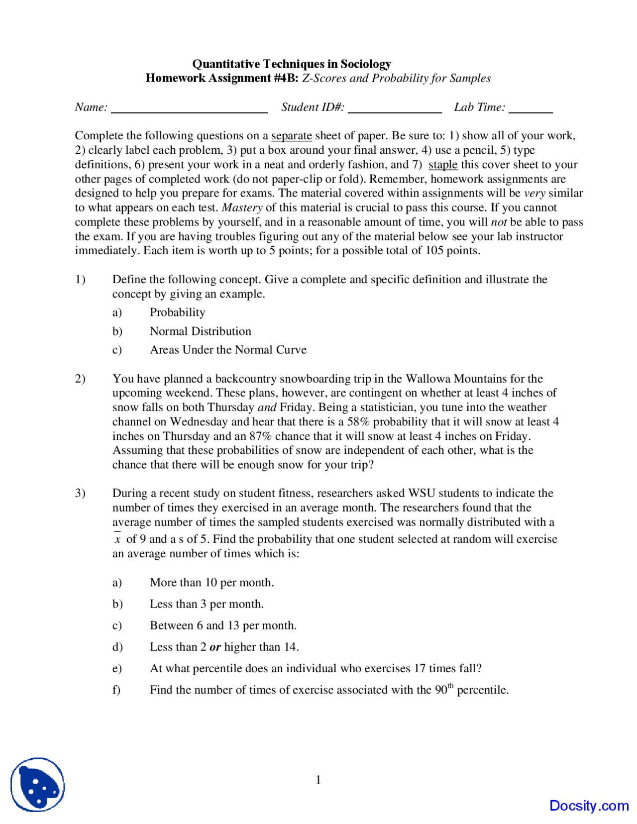 Z Scores and Probability for Samples - Quantitative Techniques - Assignment | Exercises ...
