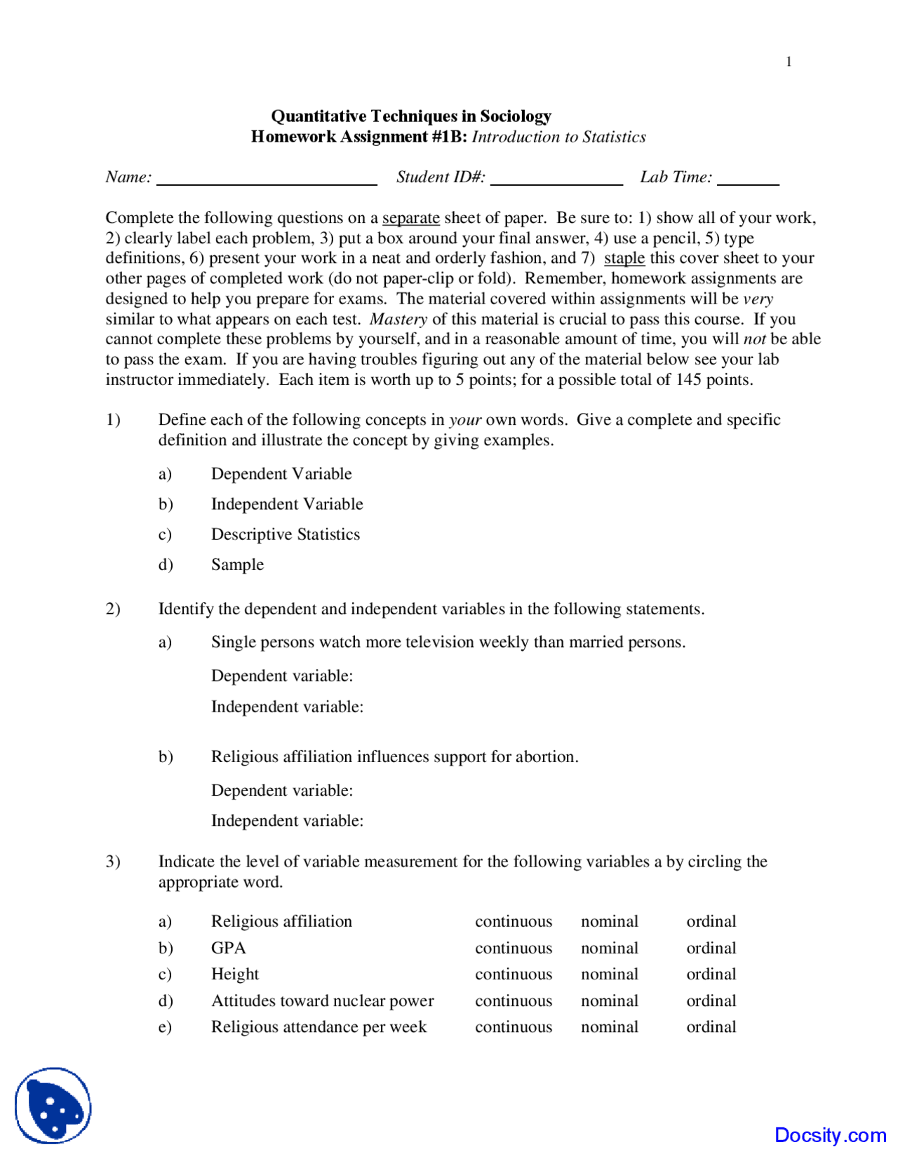 Introduction To Statistics Quantitative Techniques Assignment Docsity