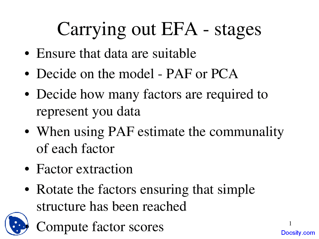 Carrying out EFA - Practicals Methodology and Statistics - Lecture Slides - Docsity