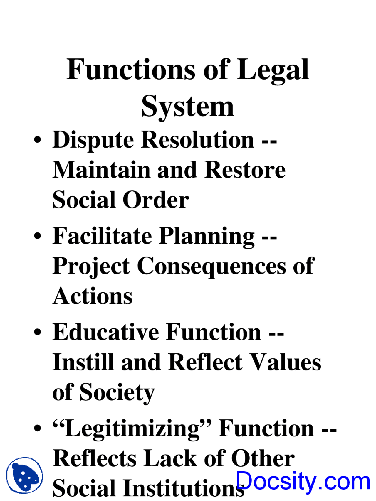 Functions of Legal System - Law - Lecture Slides - Docsity
