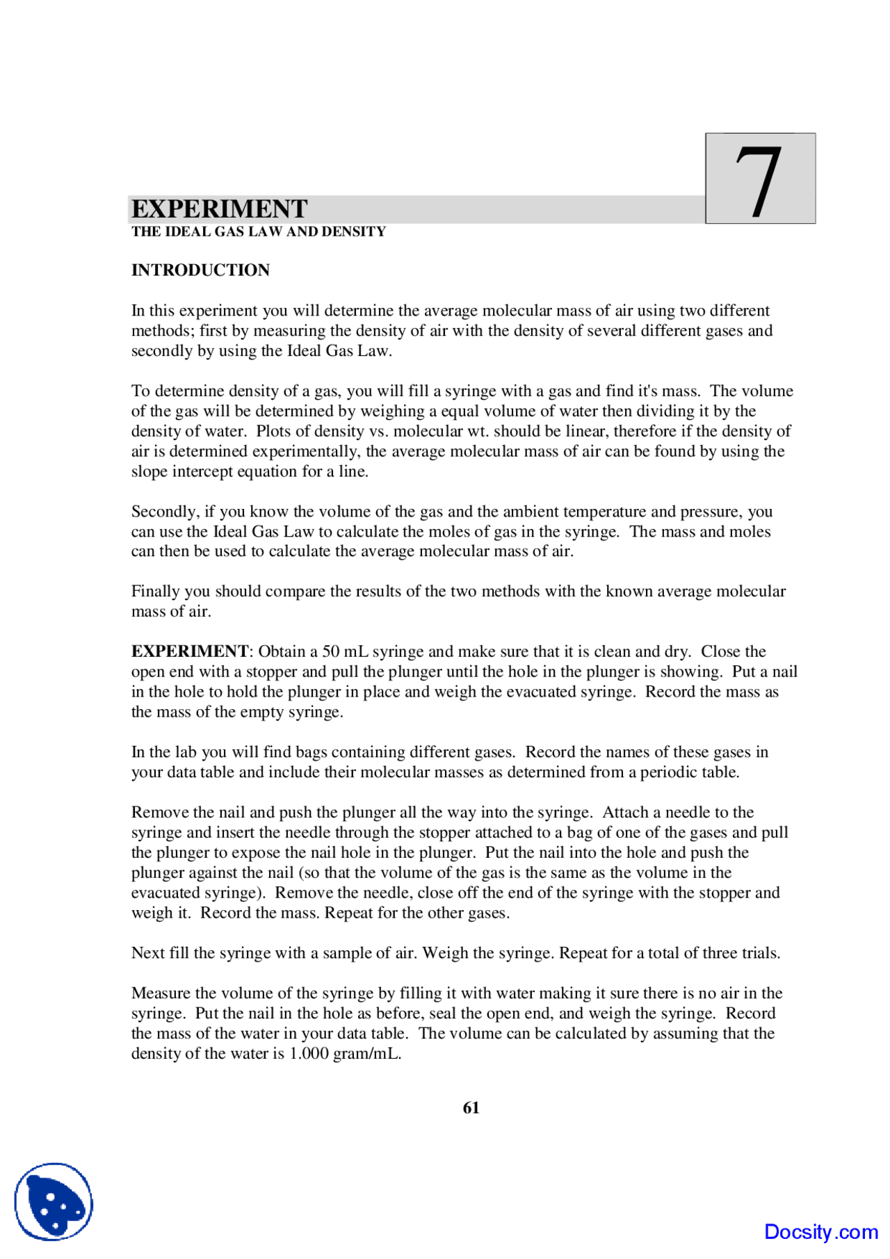 Gas Densities Introductory Chemistry Lab Manual Docsity