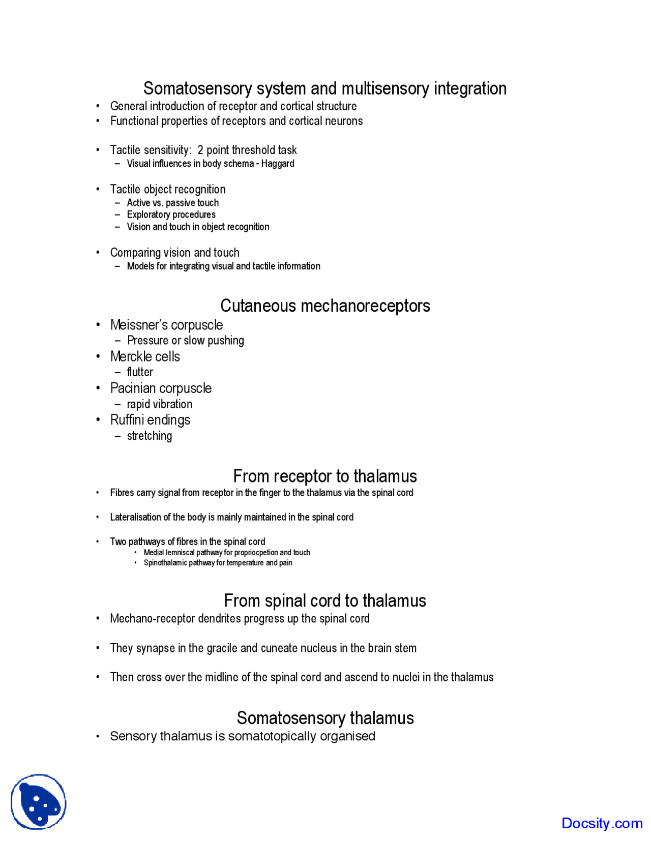 Somatosensory System And Multisensory Integration Cross Modal Cognition Lecture Notes