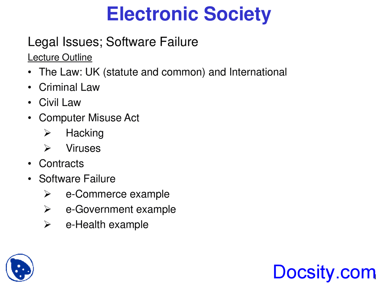 Electronic Society - Law - Lecture Slides - Docsity