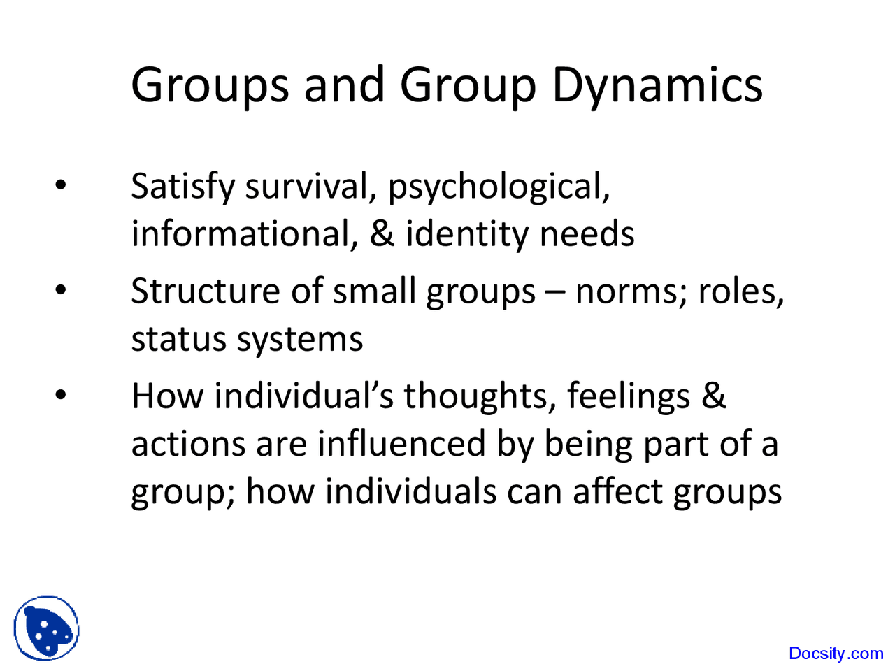 Groups and Group Dynamics - Social Psychology - Lecture Slides - Docsity