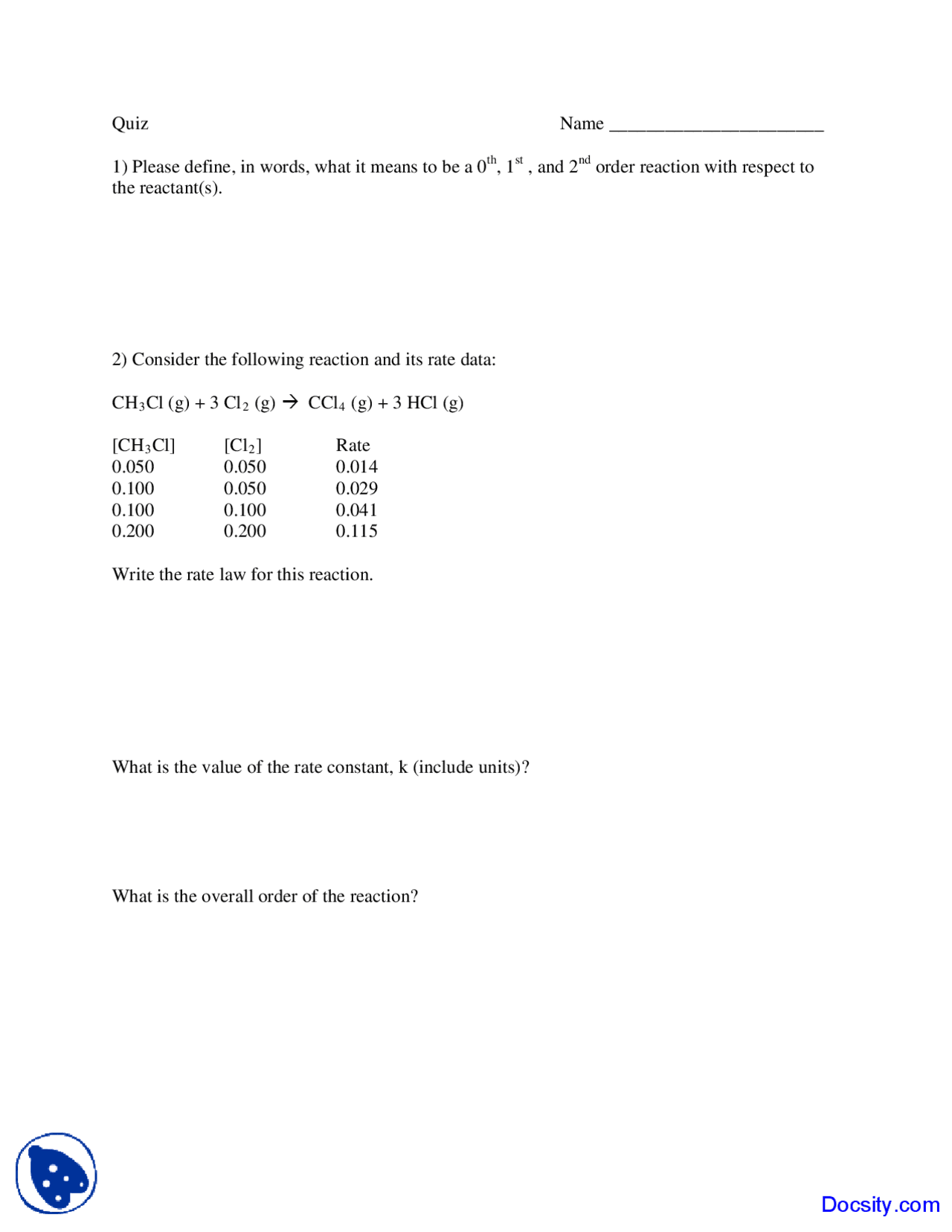 Rate Law - Introductory Chemistry - Quiz | Exercises Chemistry | Docsity