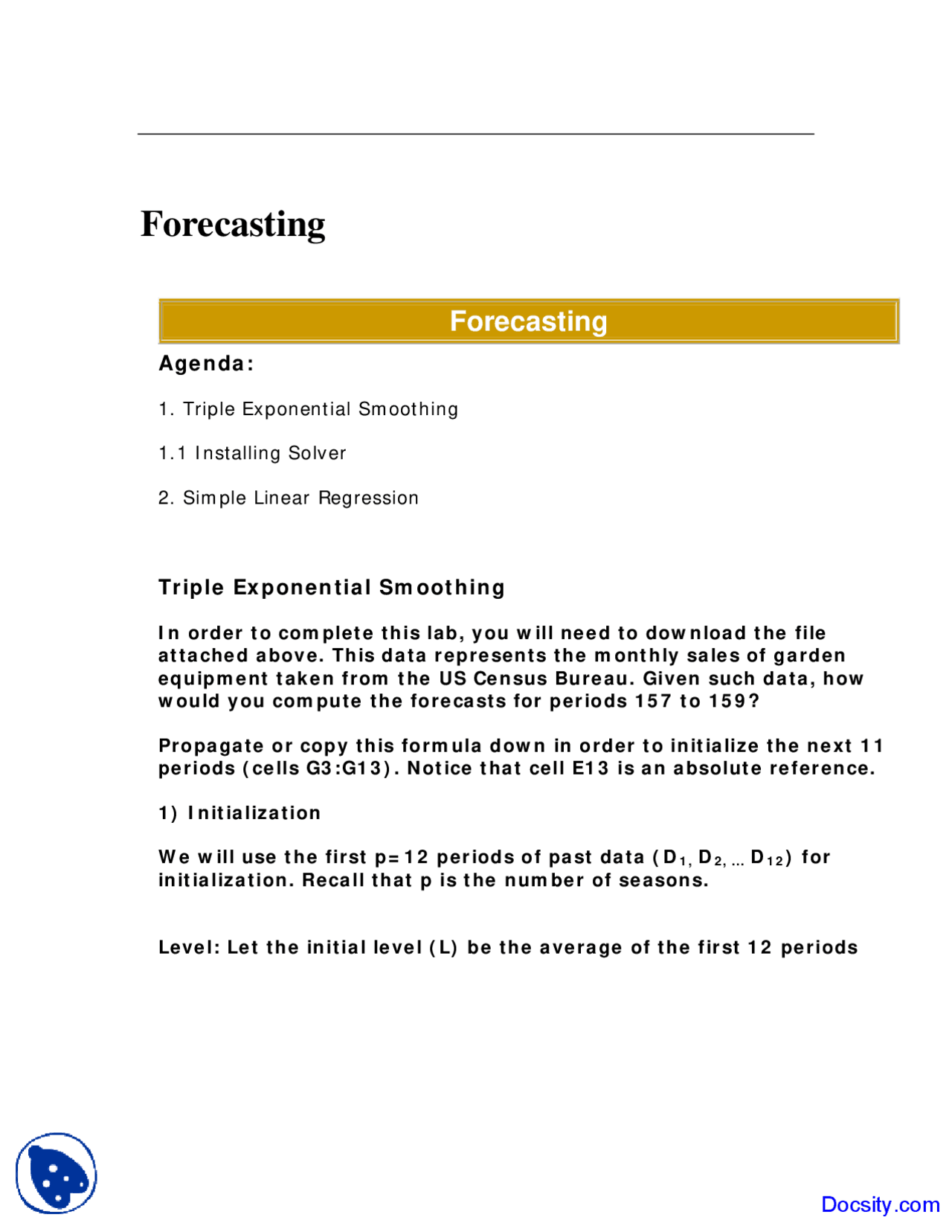 Forecasting - Introduction to Operations Management - Lab Manual - Docsity
