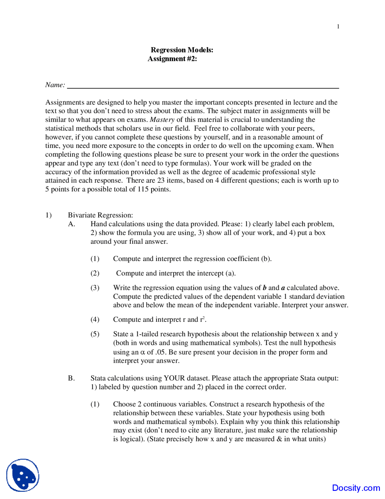 Regression Coefficient Regression Models Assignment Exercises
