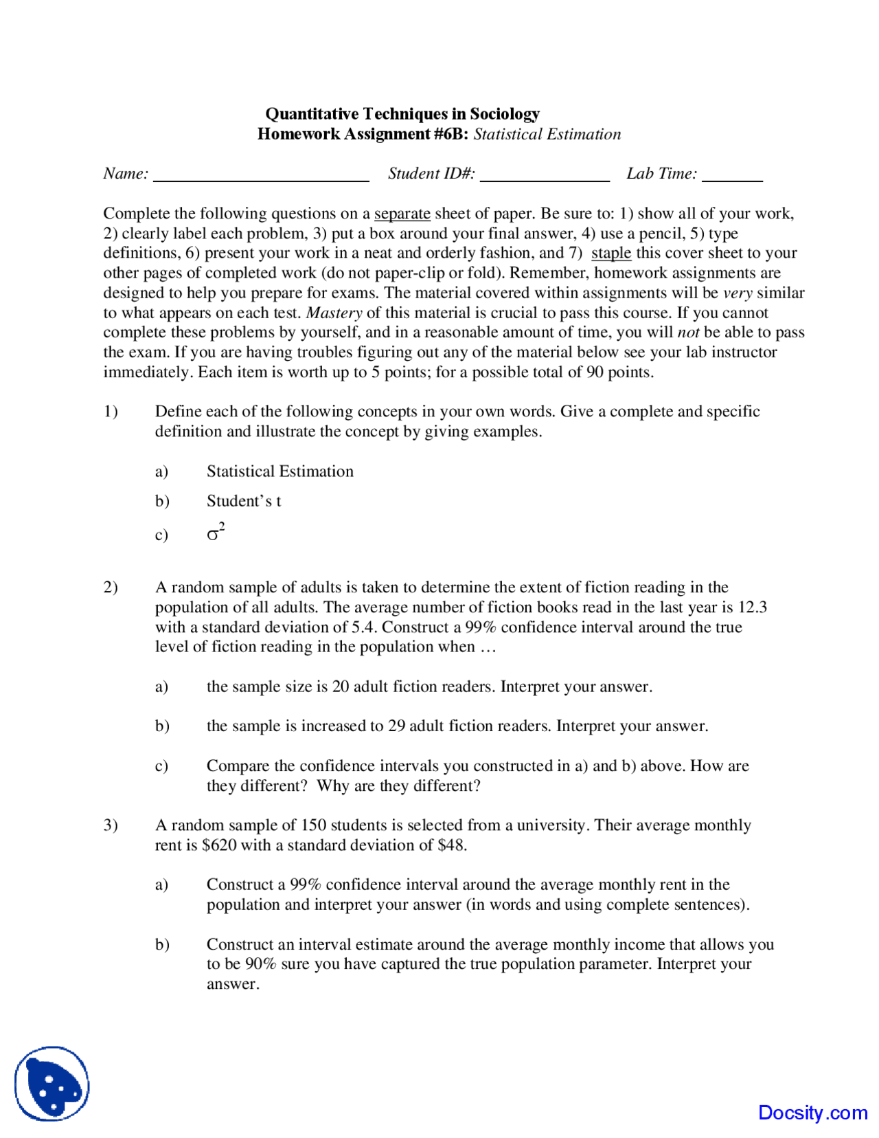 Statistical Estimation Quantitative Techniques Assignment Docsity