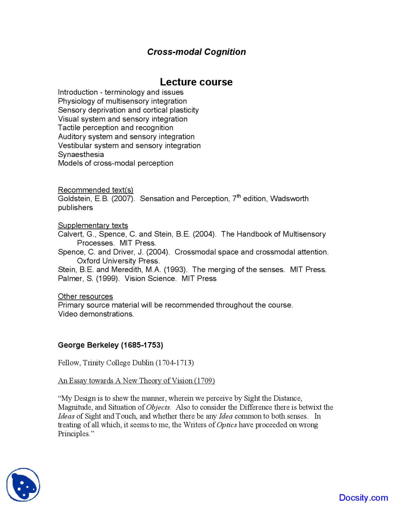 Cross Modal Cognition Cross Modal Cognition Lecture Notes Docsity