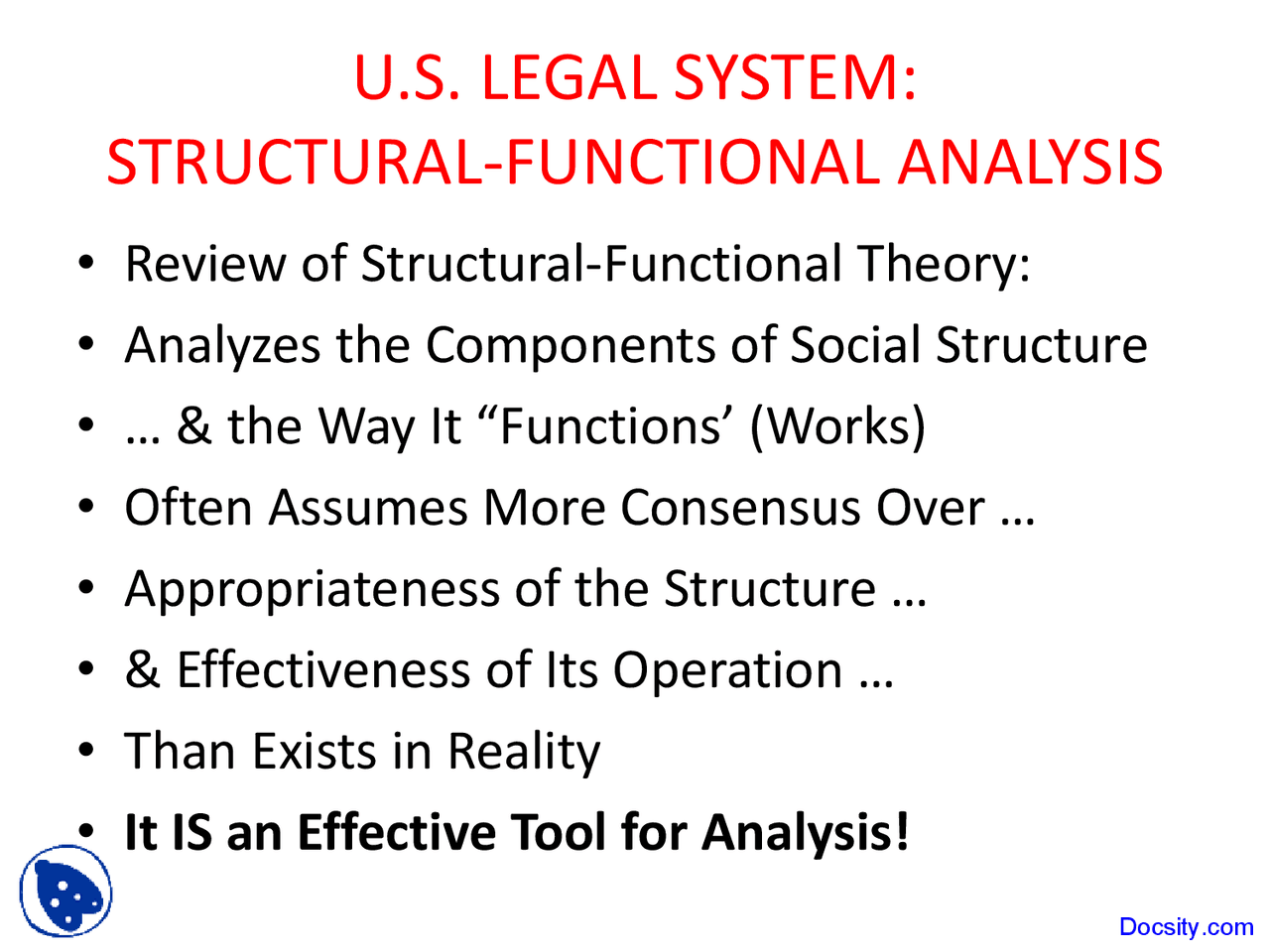 Structural Functional Analysis Sociology Of Law Lecture Slides Docsity
