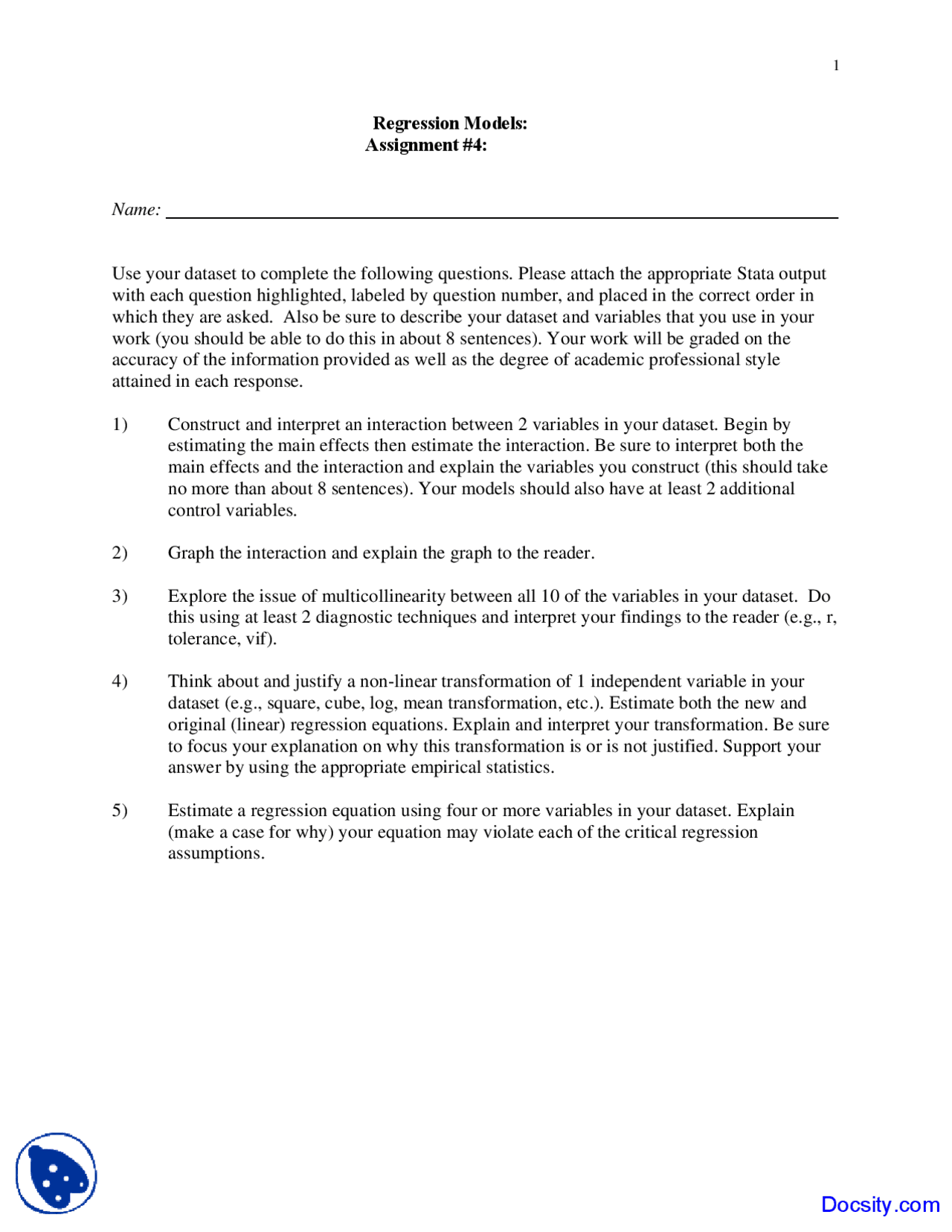 Construct And Interpret Regression Models Assignment Docsity