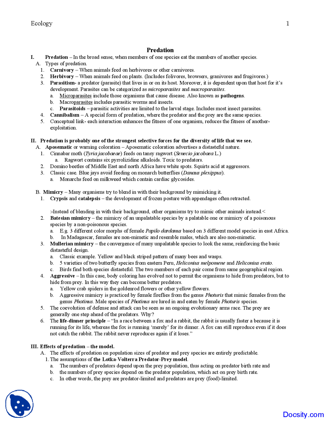 Predation Ecology Lecture Notes Docsity