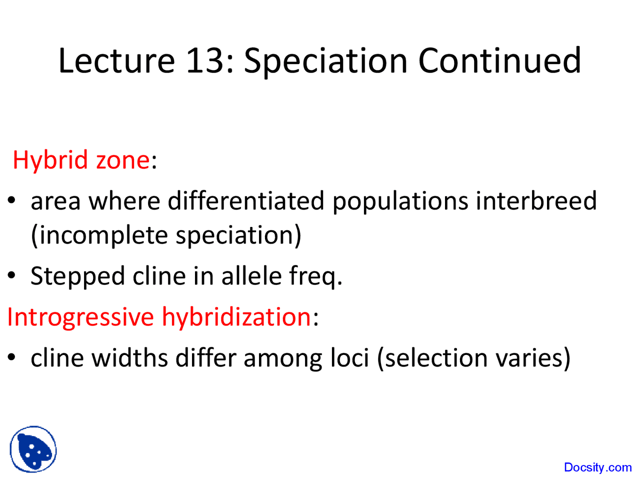 Hybrid Zone - Evolution - Lecture Slides - Docsity