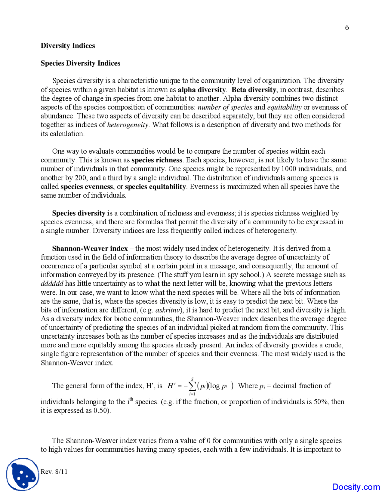 Diversity Indices Ecology Lab Handout Docsity
